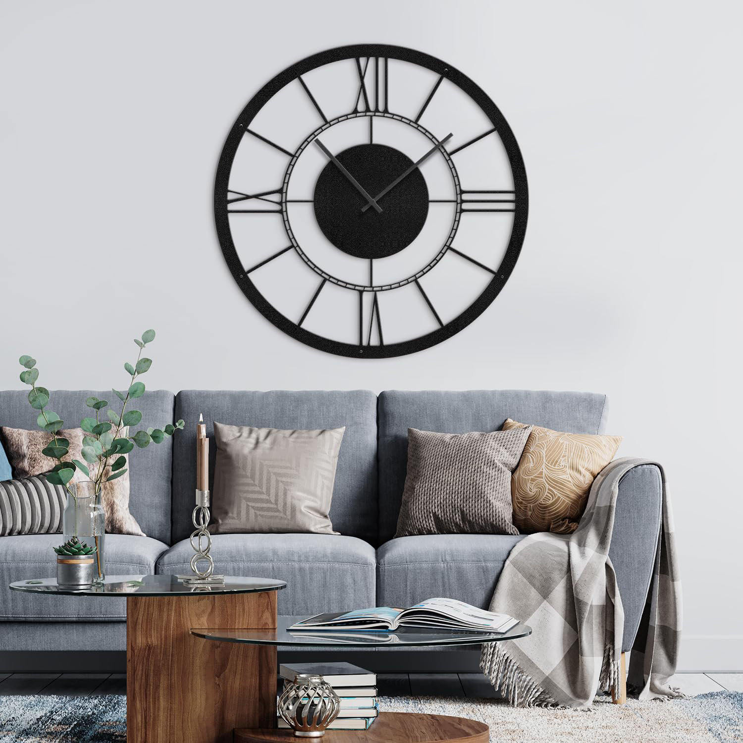 SIGNLEADER Metal Large Wall Clock Silent Open Face Roman Numerals Big ...