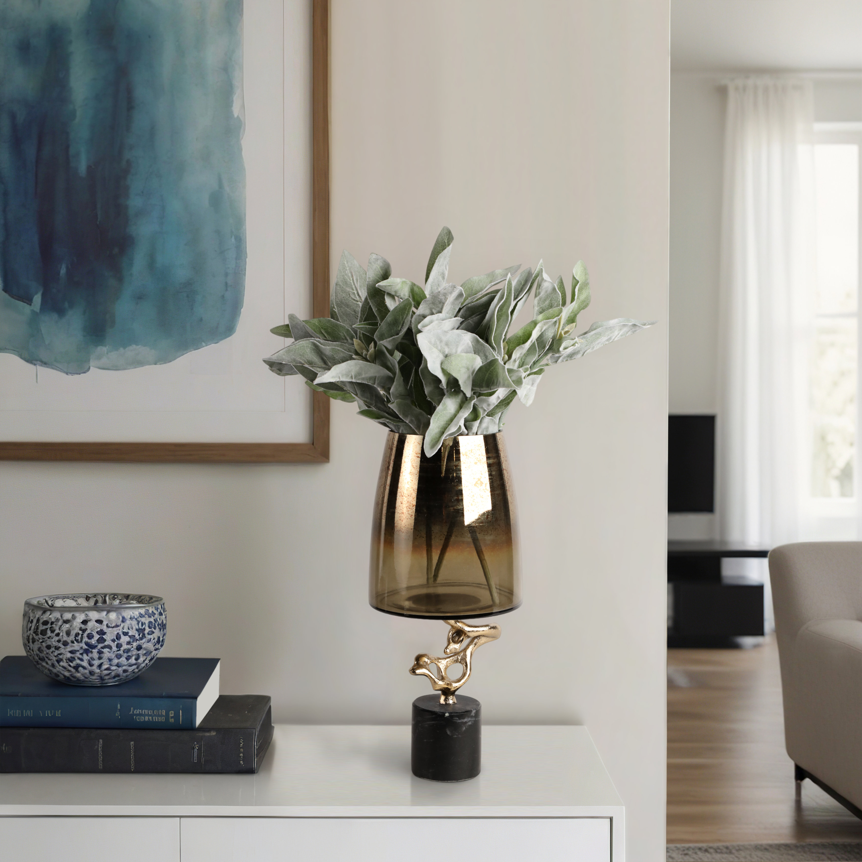 Brayden Studio® Destinee Hurrican Glass With Stone Base, Gold | Wayfair