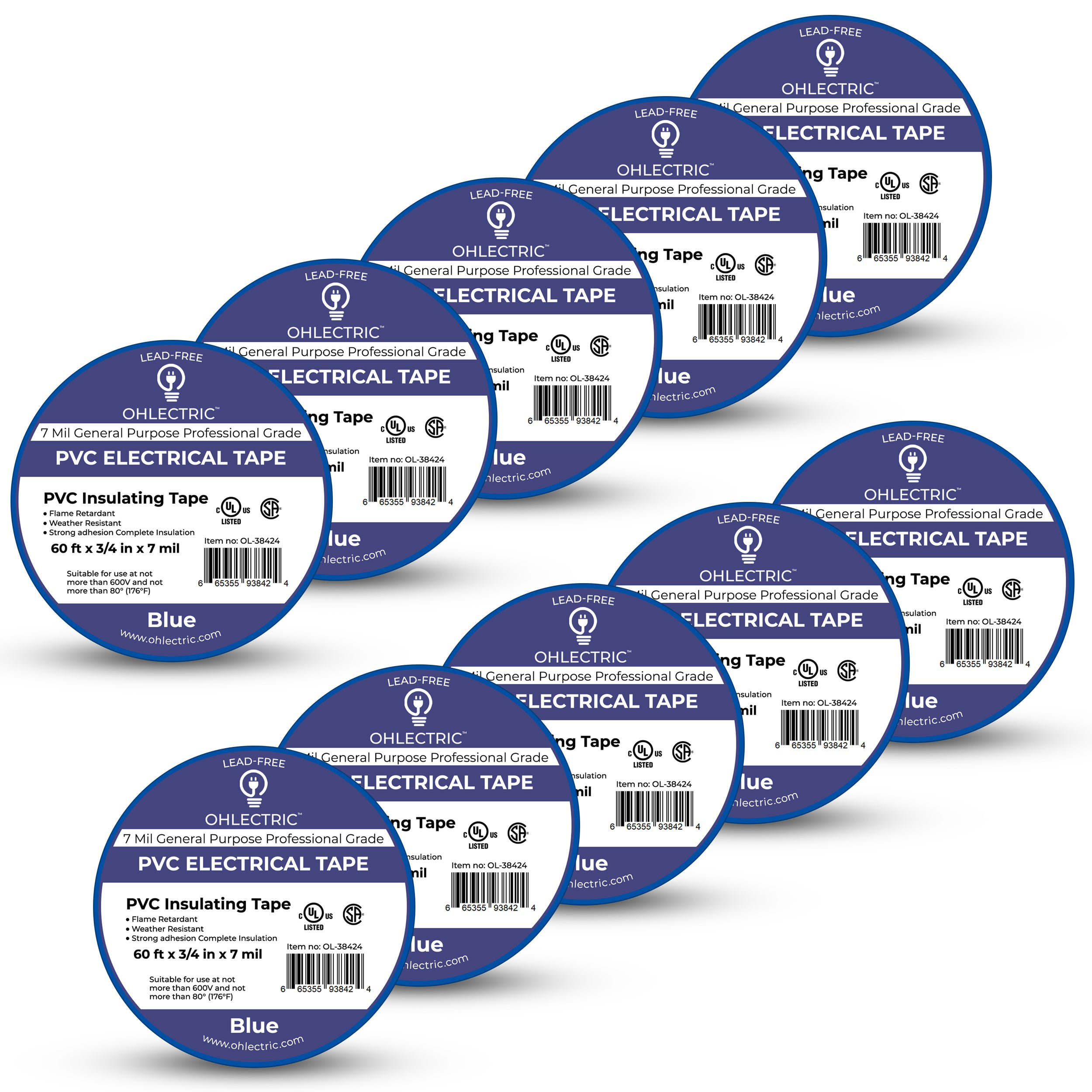 OHLECTRIC Professional Grade Lead-Free PVC Electrical Tape 3/4"x 0.07 ...