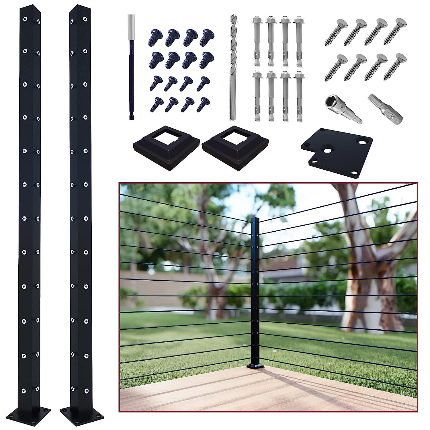 CR Home Cable Railing Post Set, 2pcs Black Corner Fence Post for Porch ...