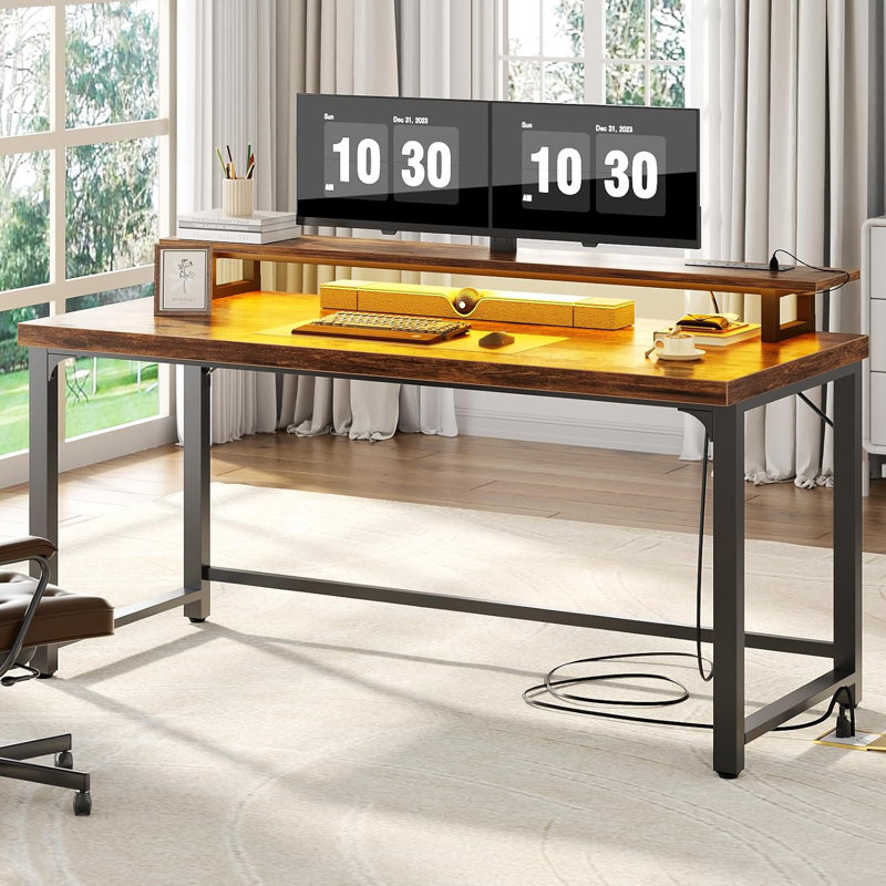 17 Stories Balwant Computer Desk with Power Outlets, LED Strip and ...