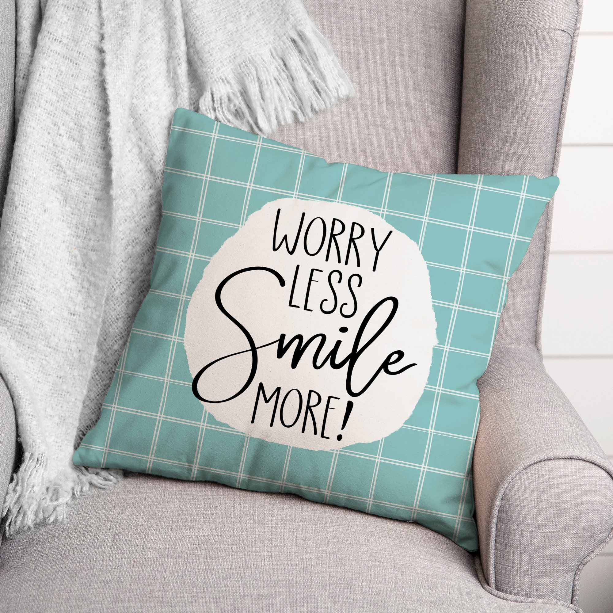Designs Direct Creative Group Worry Less Smile More Plaid Throw Pillow ...
