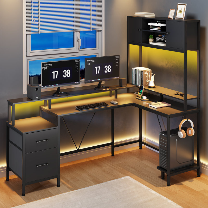 17 Stories L-Shaped Computer Desk With Shelf & 2 Drawers Led Light ...