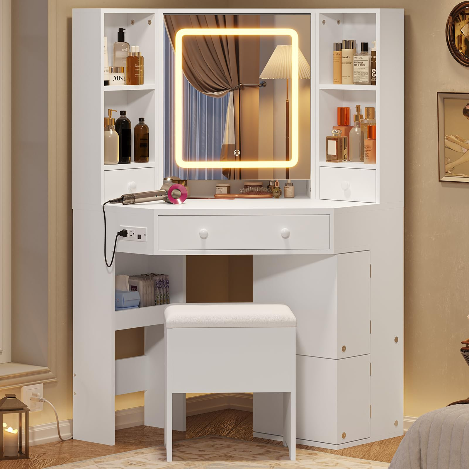 Latitude Run® Corner Dressing Table With Lights And Charging Station ...