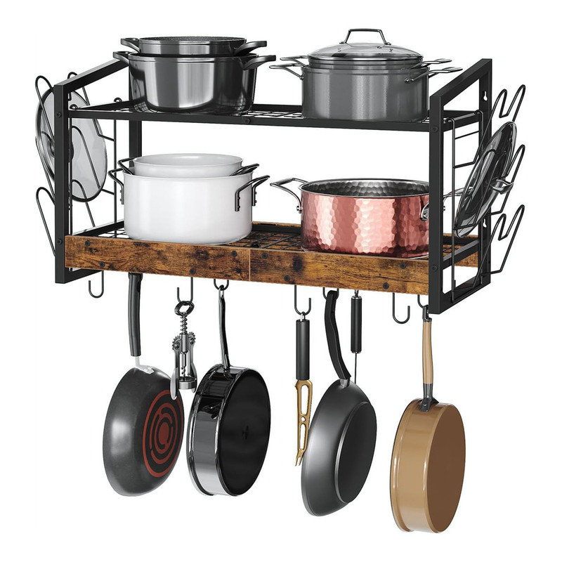 17 Stories Pot Rack Wall Mounted, 2-Tier Kitchen Pot and Lid Organizer ...