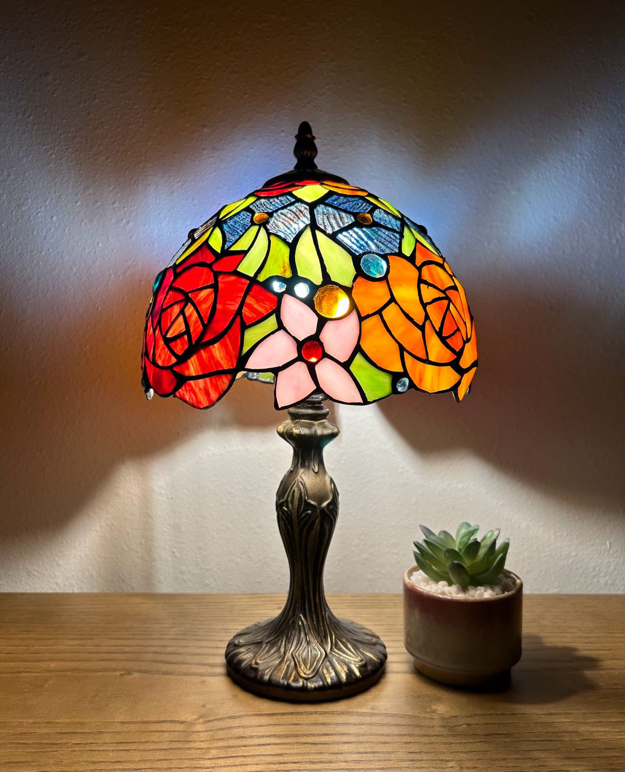 Astoria Grand Markar Tiffany Mini Table Lamp Red Orange Blue Stained ...