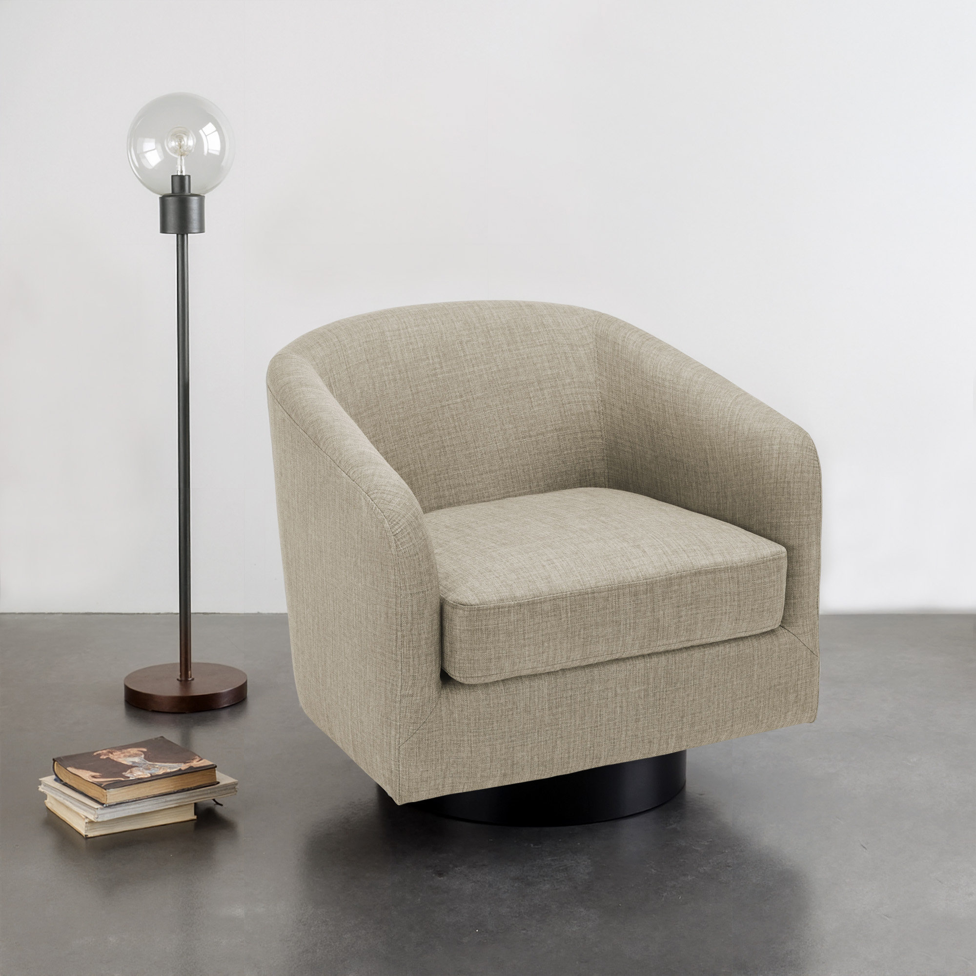 Wrought Studio™ Applewold Upholstered Swivel Barrel Chair with Solid ...