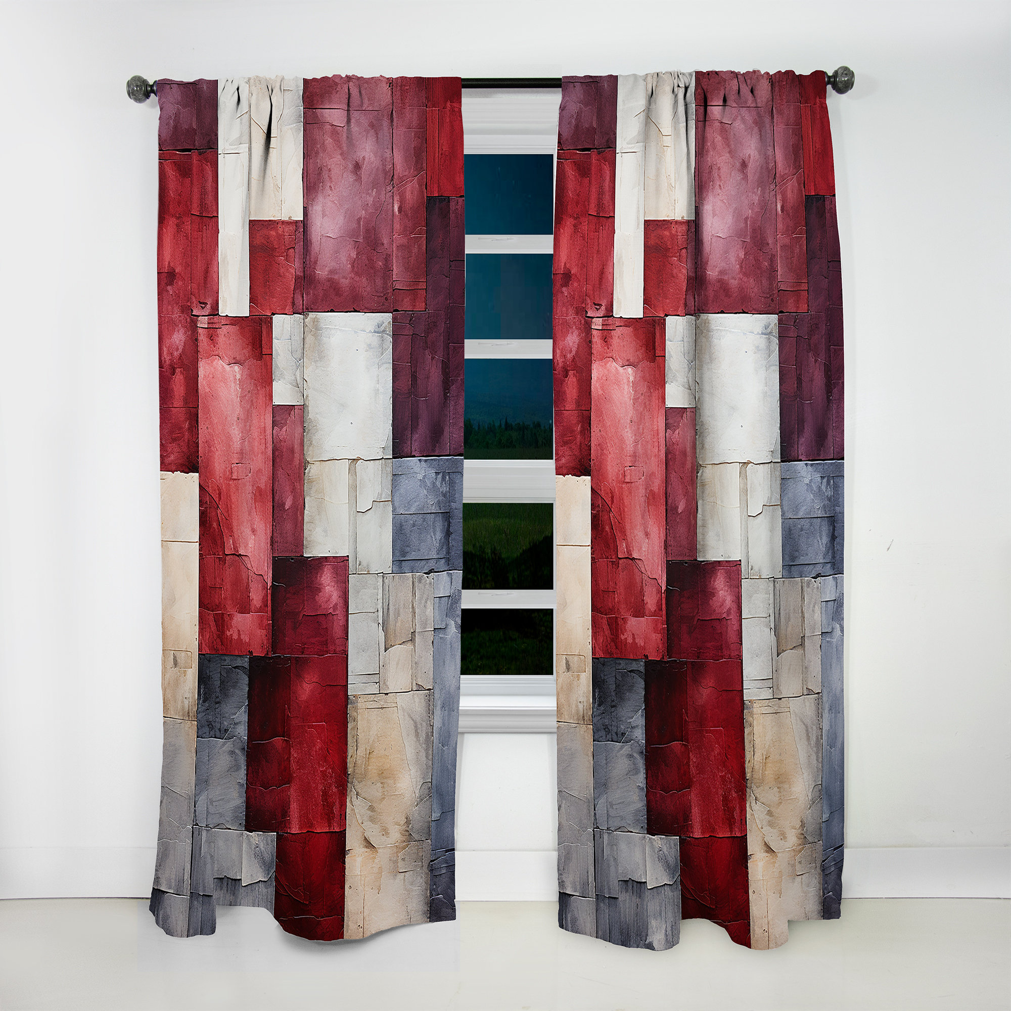 Design Art Maroon Mosaics Abstract Shapes - Modern Velvet Curtain ...