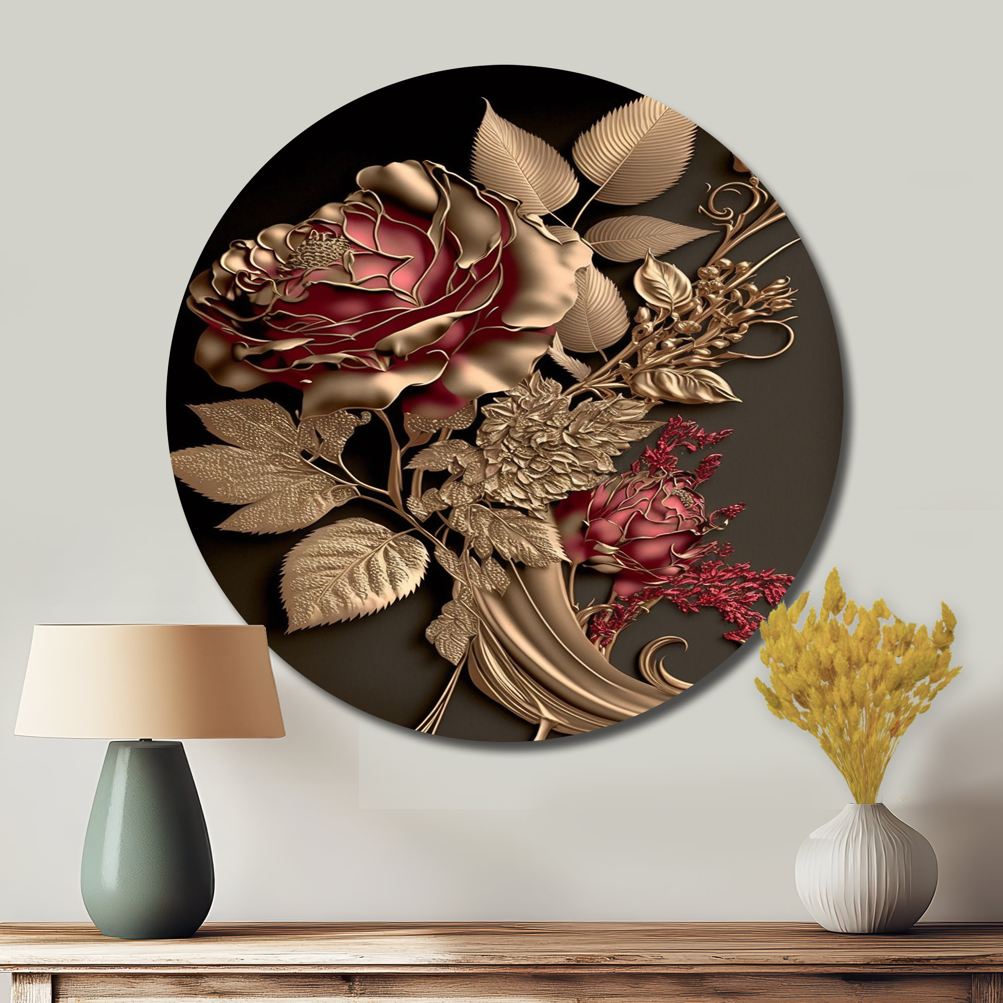House of Hampton® Gilded Rose Vintage Glam I - Floral Round Metal Art ...