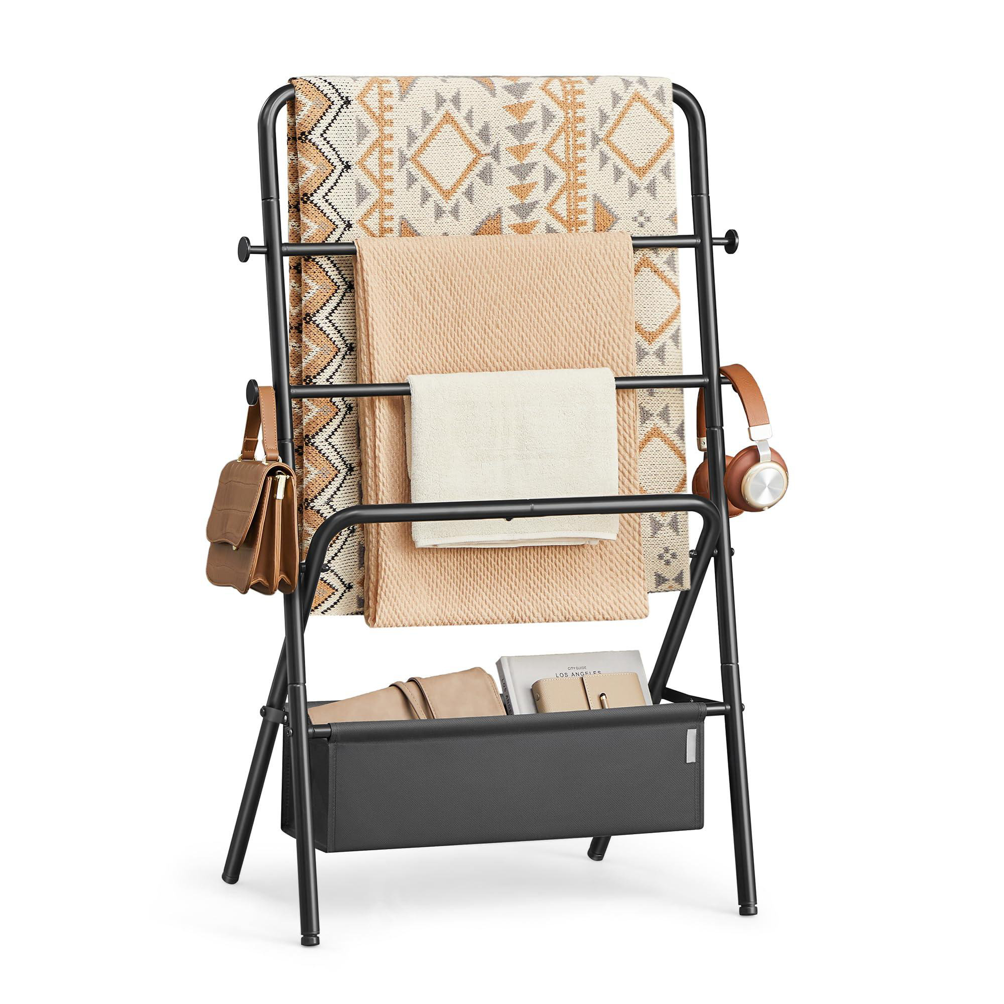Rebrilliant Freestanding Foldable Blanket Rack, Towel Rack With 4 Hooks ...