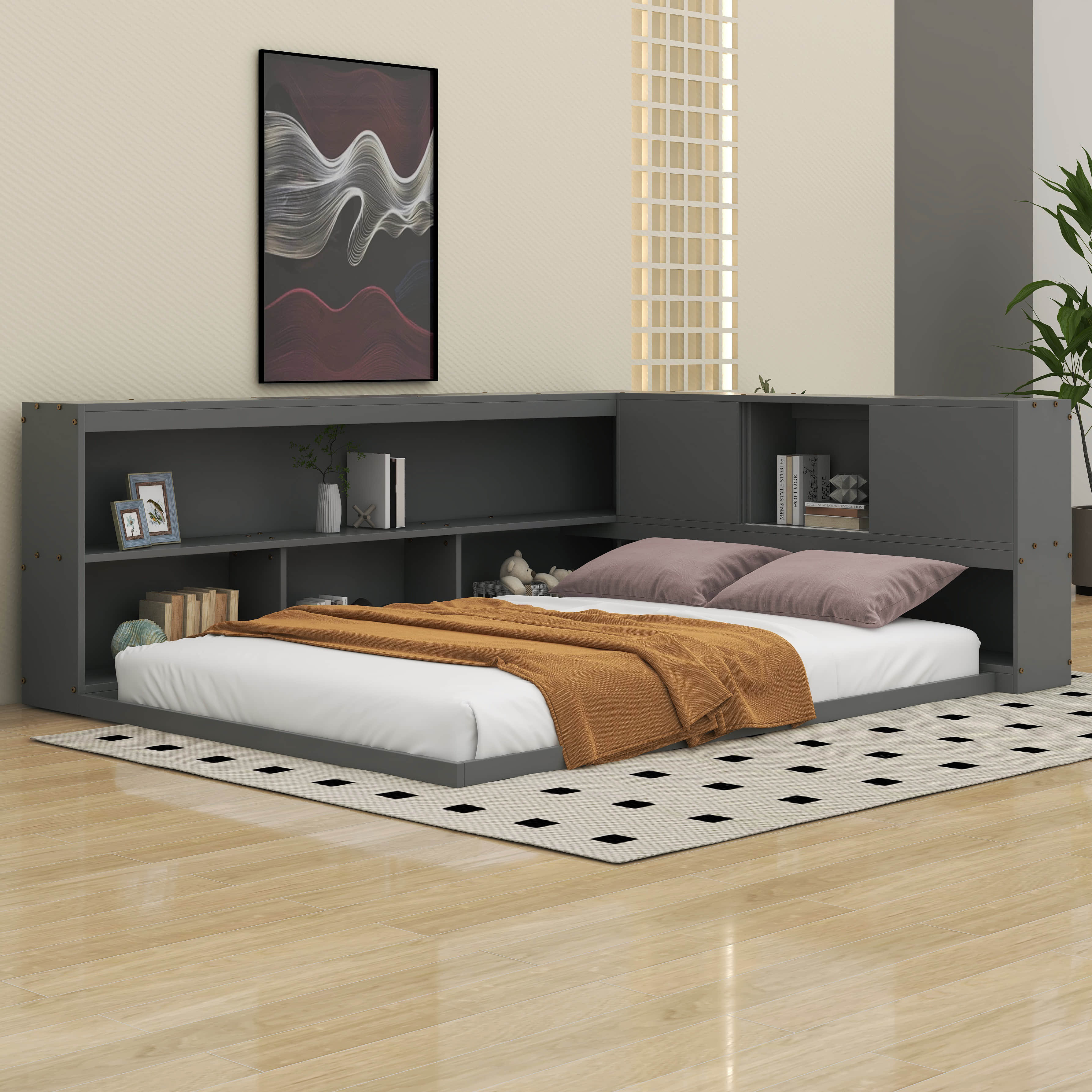 Latitude Run® Raegine Full Floor Bed With L-Shaped Bookcases, Sliding ...