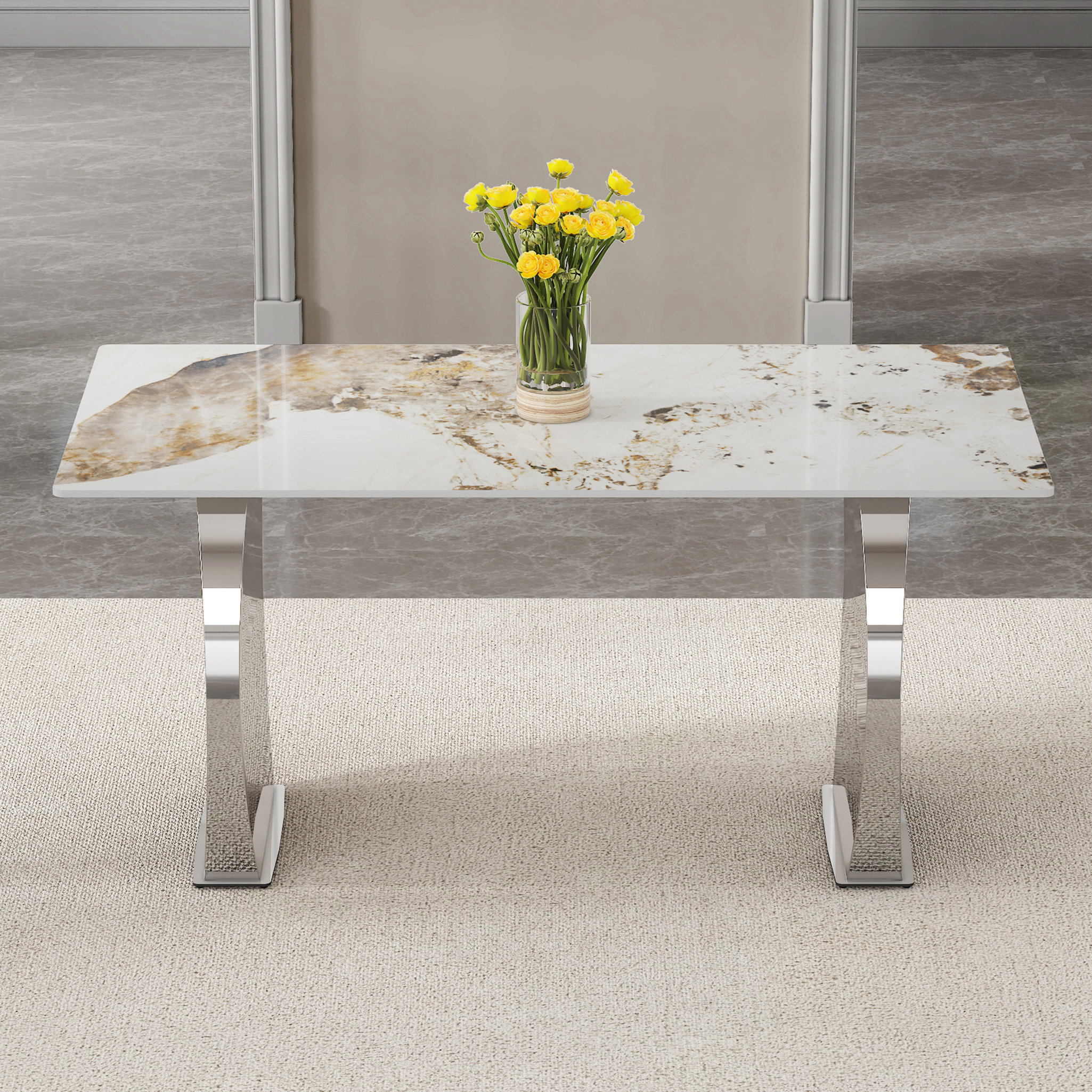 Everly Quinn Modern Rectangular Table With Marble Patterned Rock Slab ...