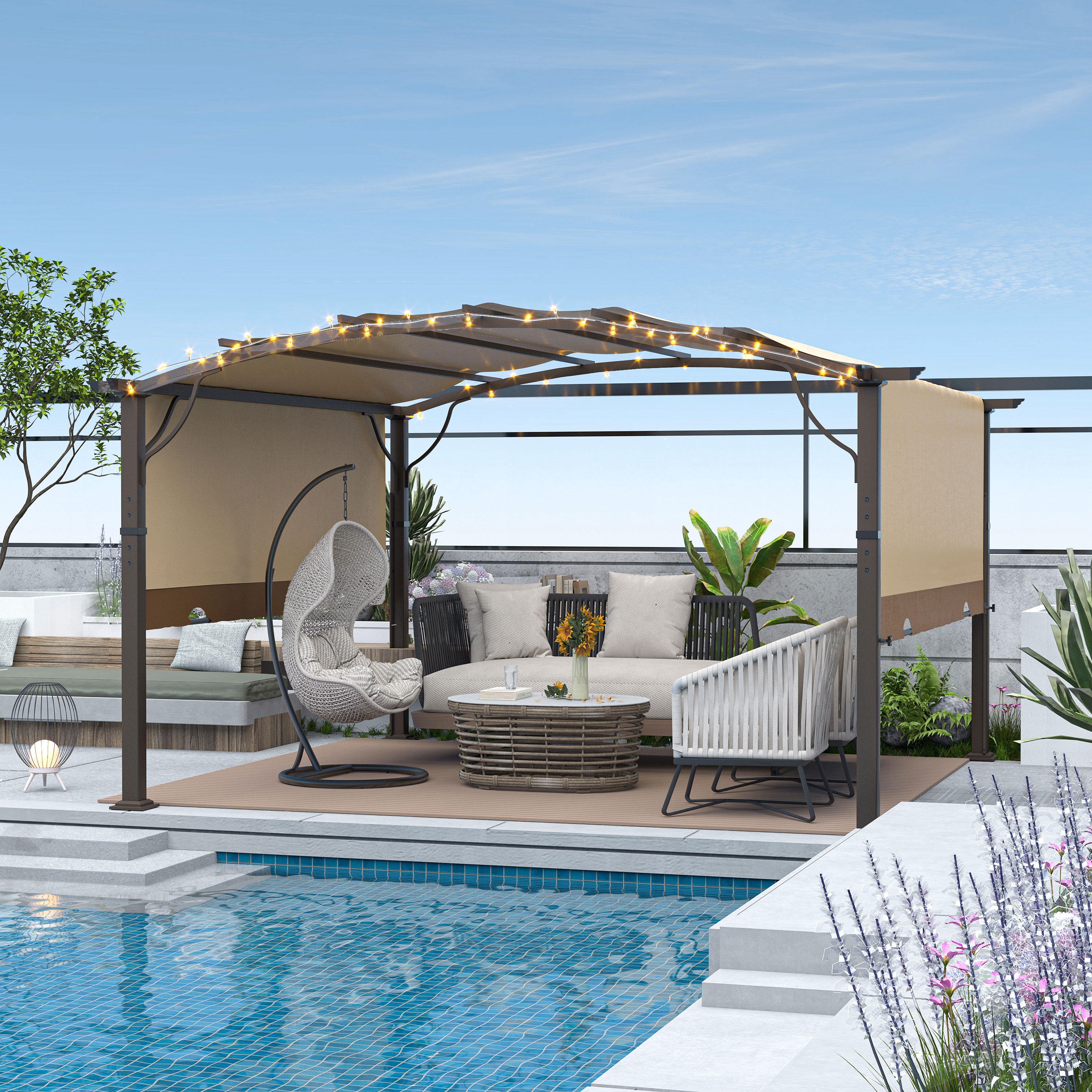 EGEIROS LIFE Aluminum Outdoor Pergola with Slightly Arched Canopy and ...