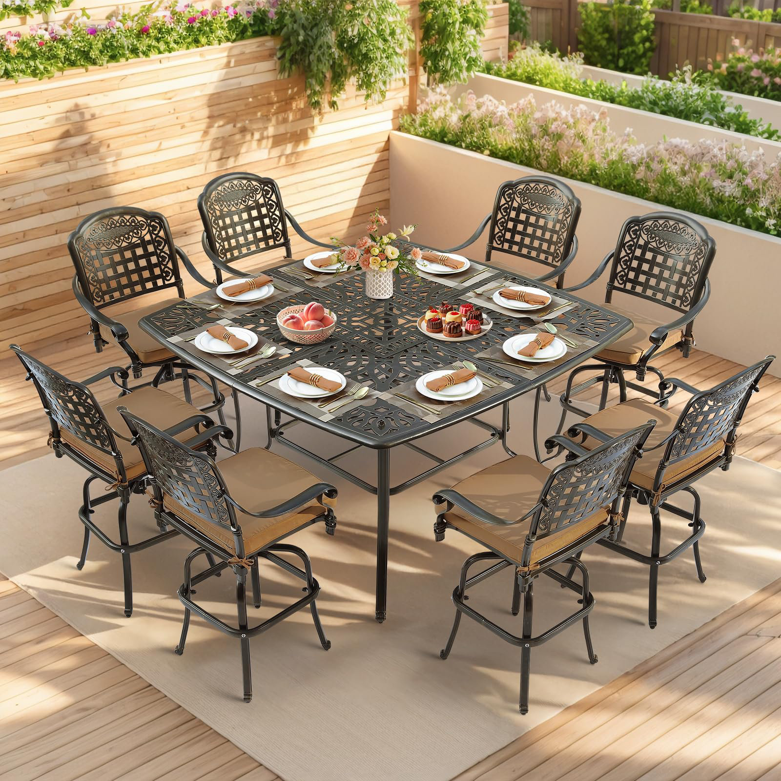 Rosdorf Park 9-Piece Outdoor High Patio Dining Set, Free-Rust Cast ...