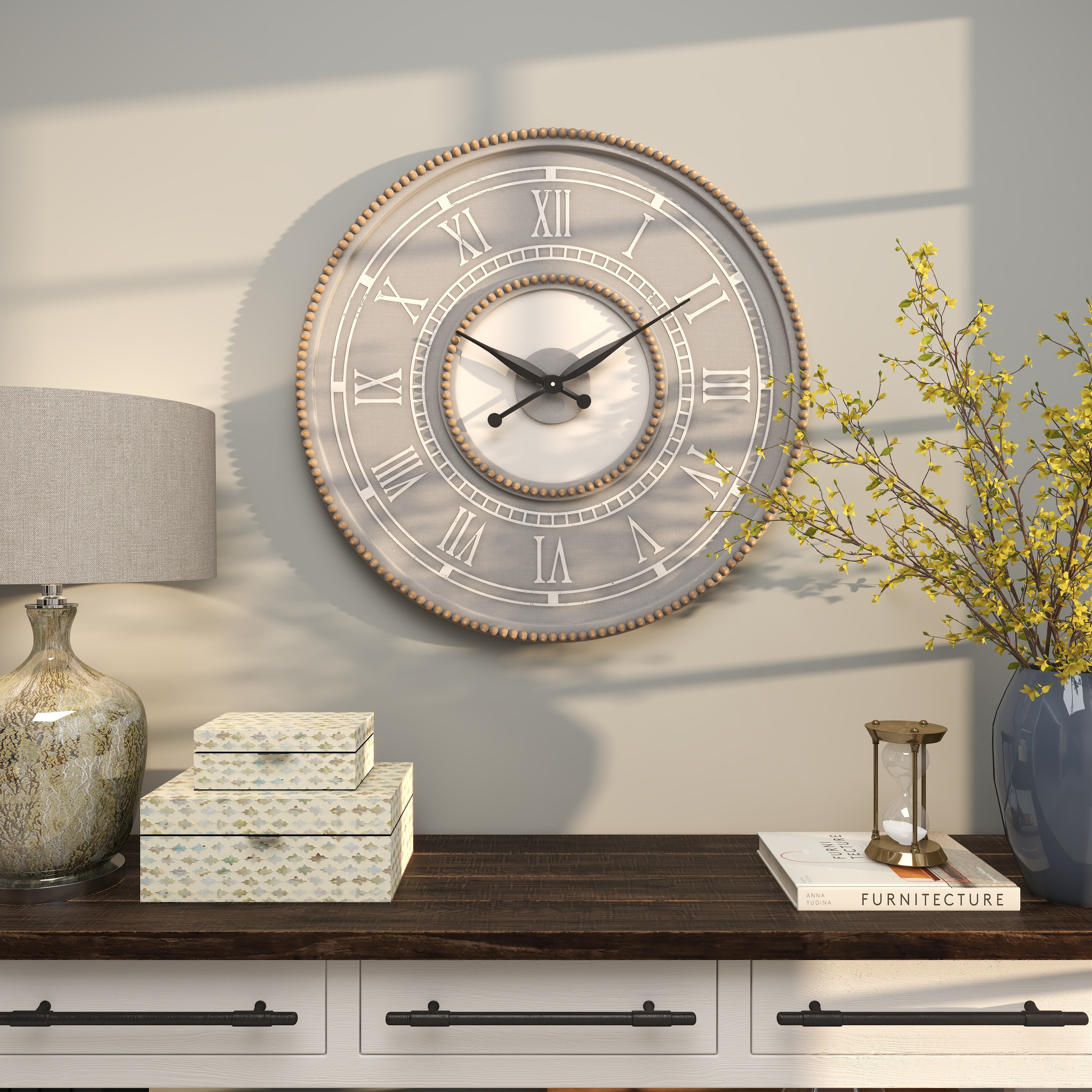 Dakota Fields Wood Beaded Decorative Gray Wall Clock with White Accents ...