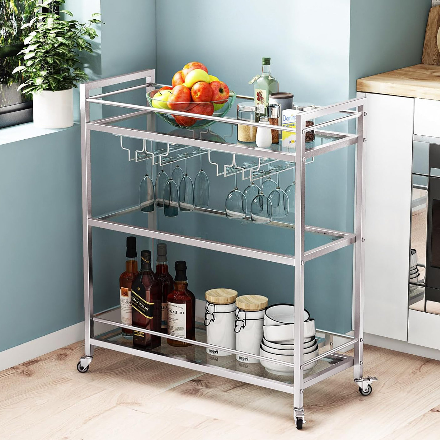 Everly Quinn Glass Bar Carts for Home with Hanging Wine Rack - Home Bar ...