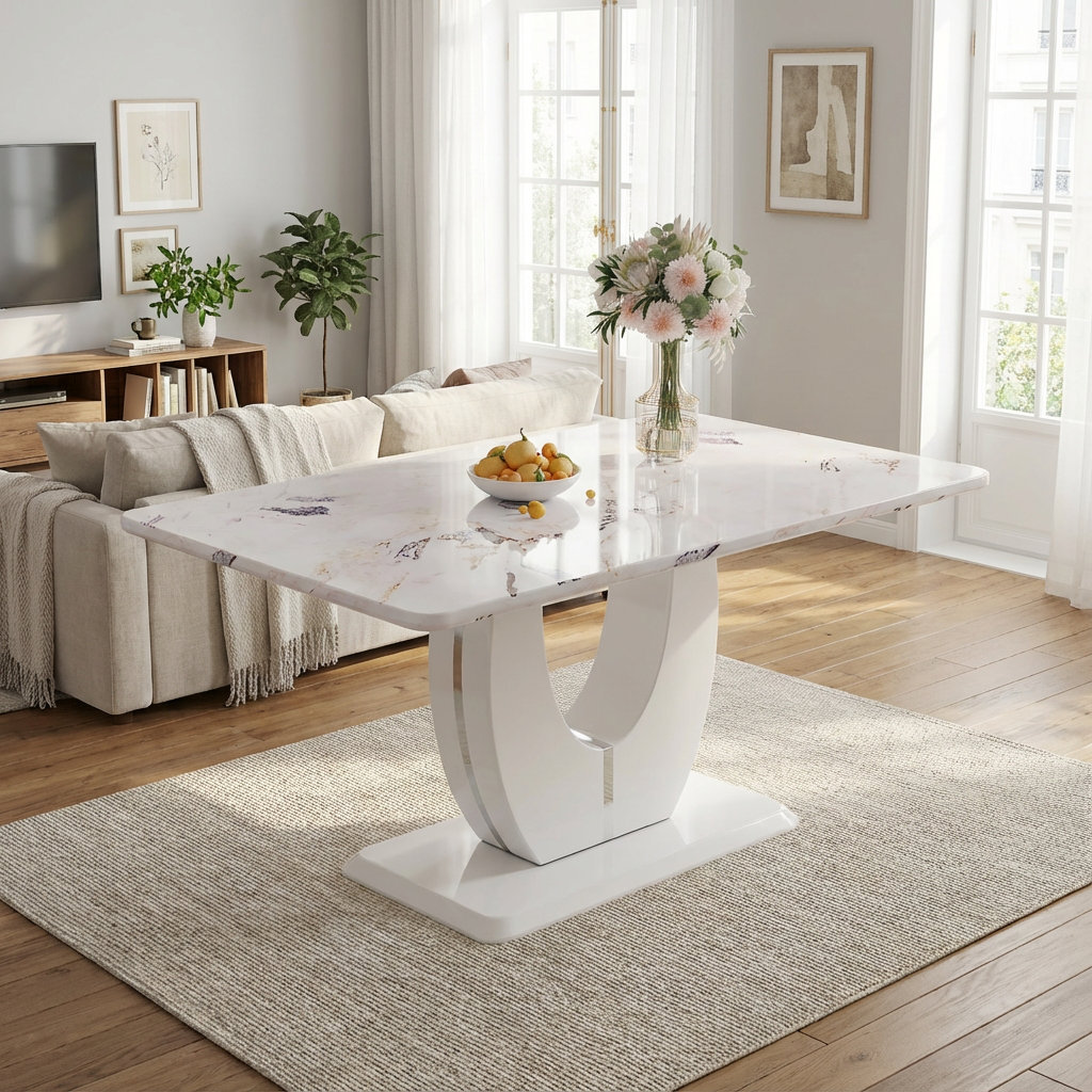 Ivy Bronx Urbannest White Imitation Marble Texture Dining Table, Modern ...