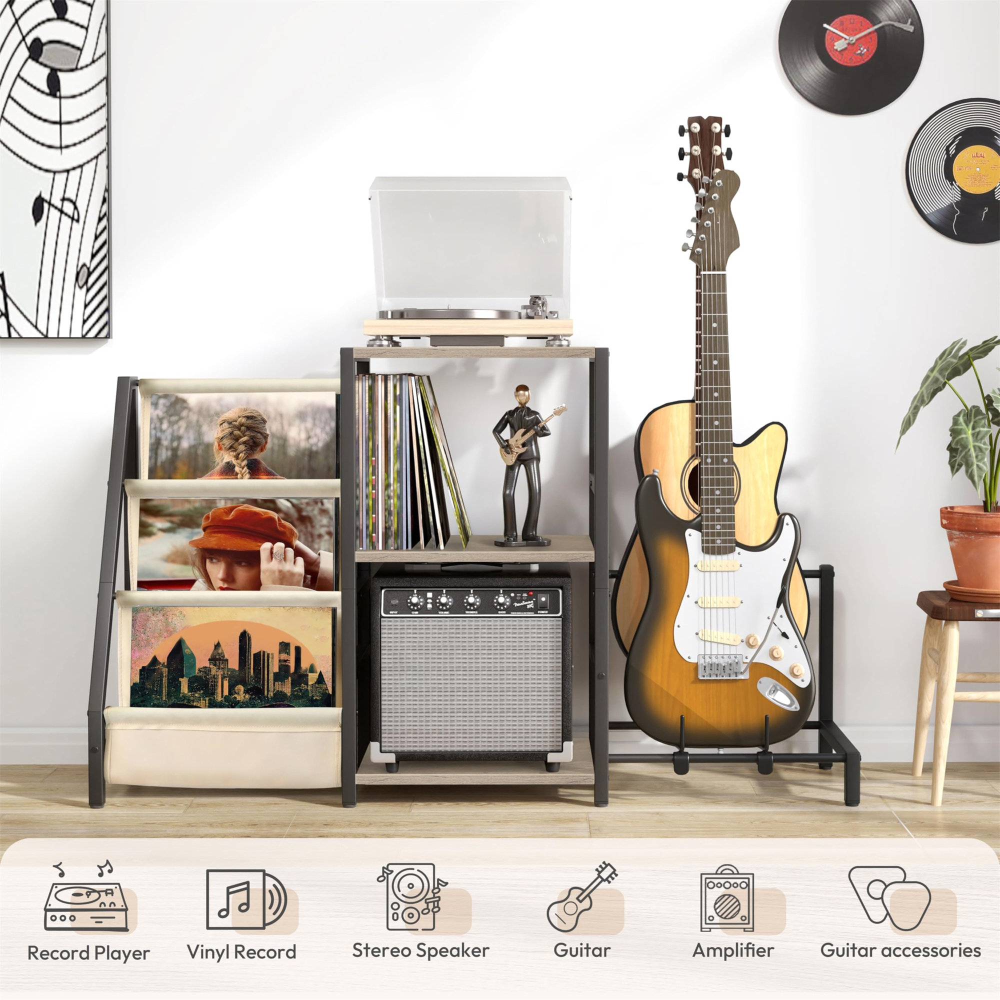 Latitude Run Record Player Stand With 3-Tier Vinyl Storage And Guitar ...