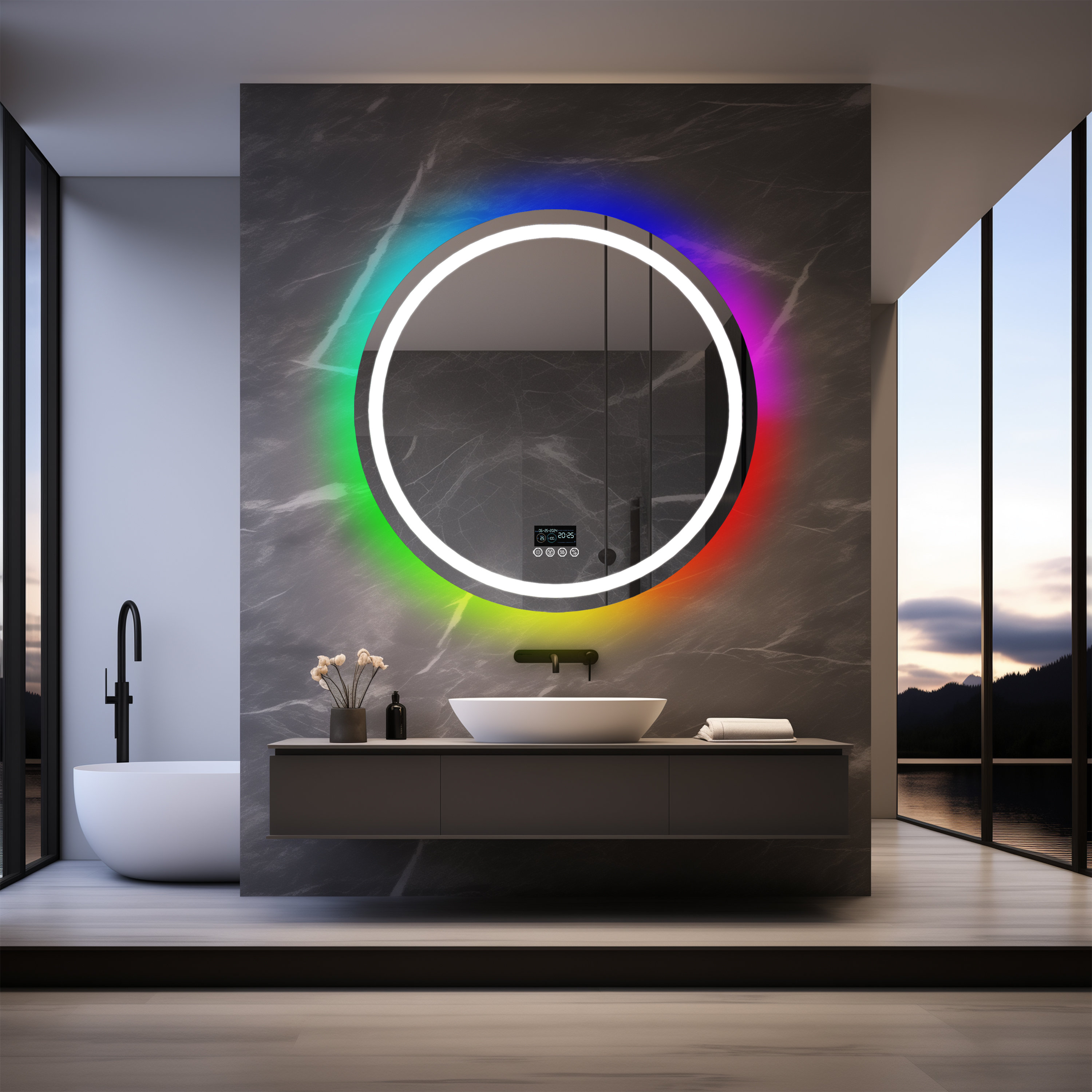 Ivy Bronx 32 Inch Round Bluetooth Led Bathroom Mirror Adjustable Rgb ...