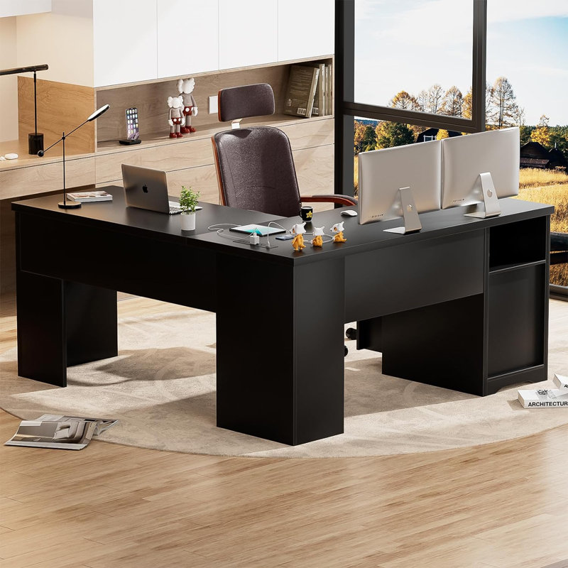 Ebern Designs Swapan 56'' Lift Top L-Shaped Desk with Drawers and Power ...