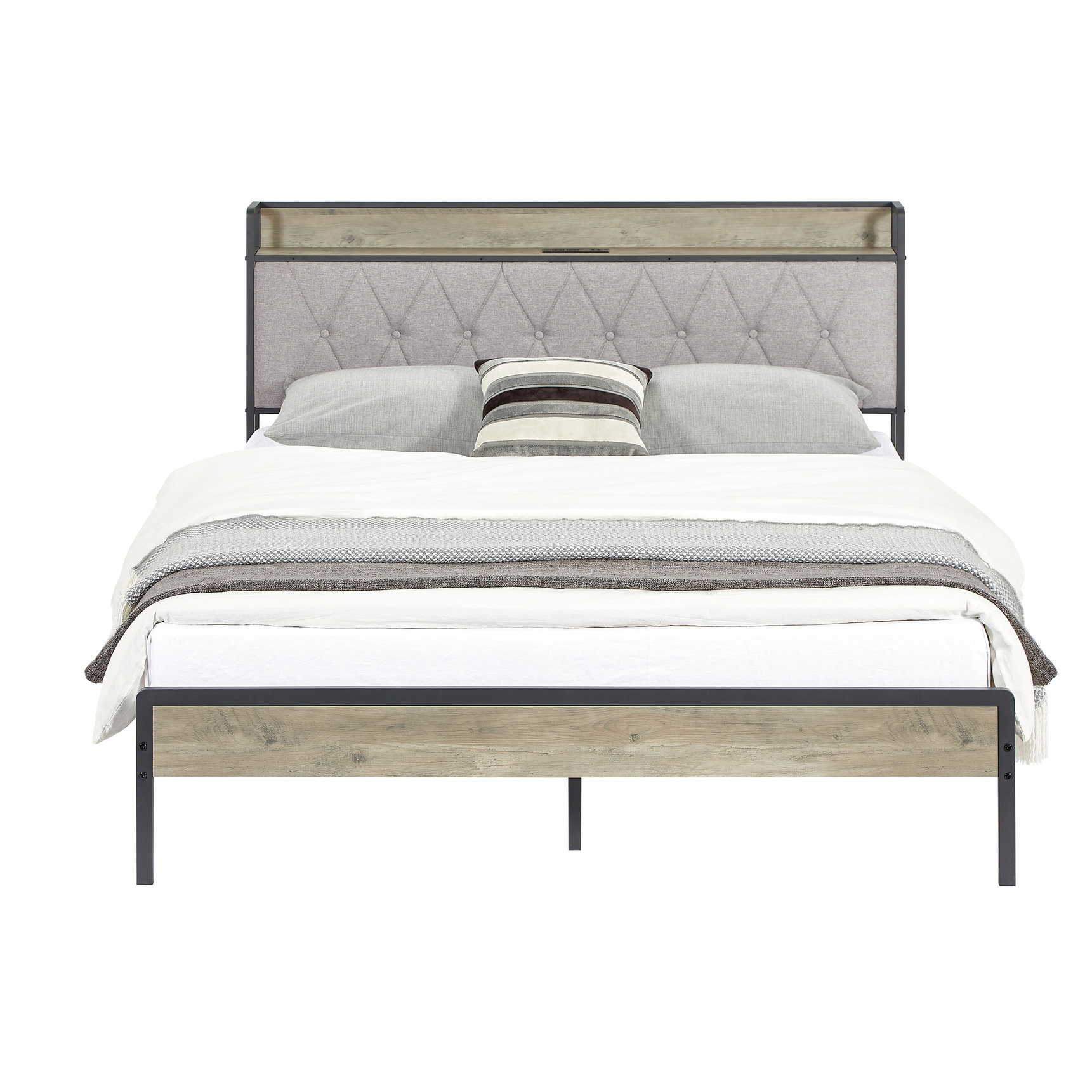 Latitude Run® Queen Size Bed With Charging Function, Grey - 2 Ports ...