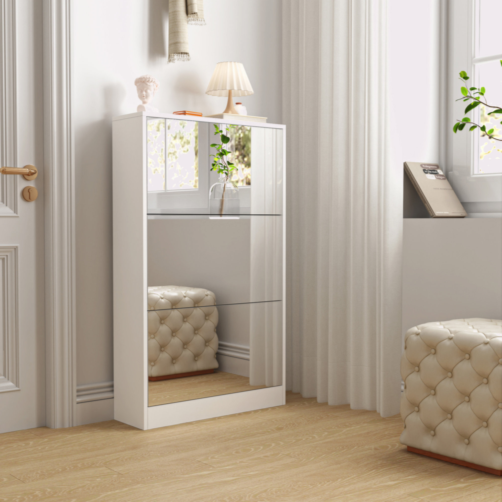 Ebern Designs Modern Shoe Cabinet With Small Mirror Edge Gap, Mirror ...