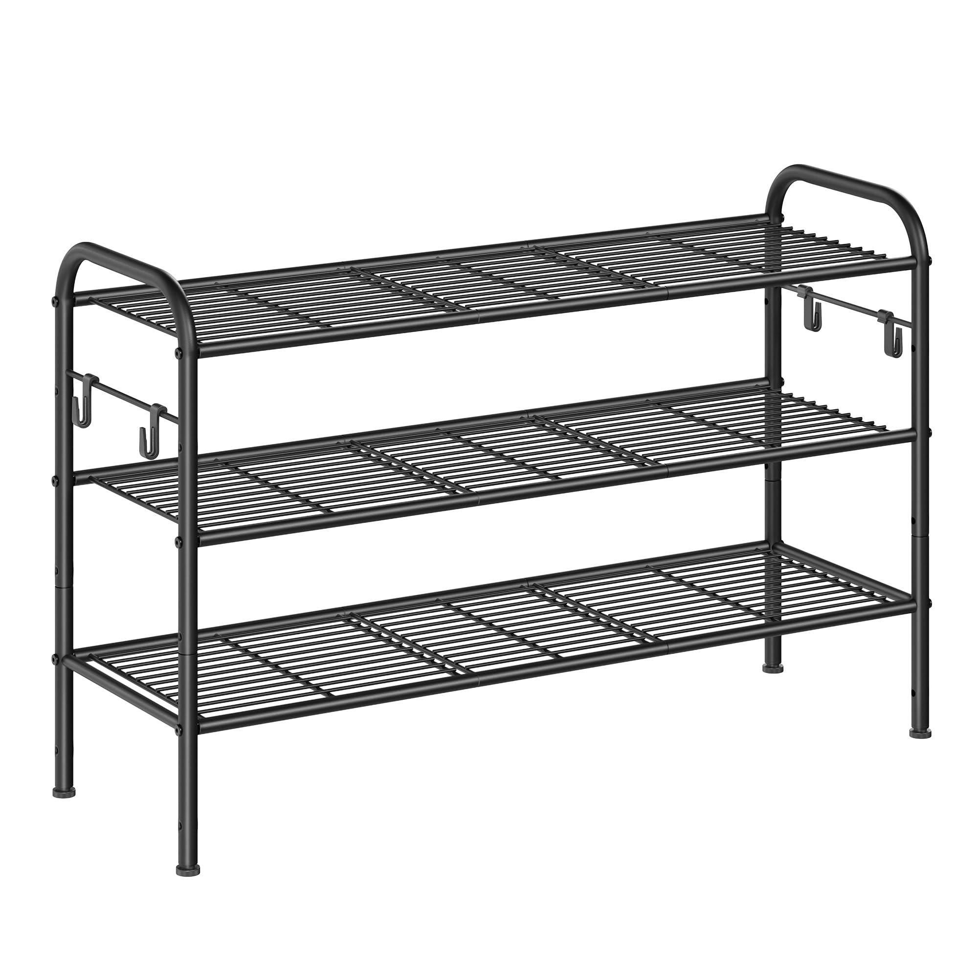 17 Stories 3-Tier Height Adjustable Metal Shoe Rack With 4 Side Hooks ...