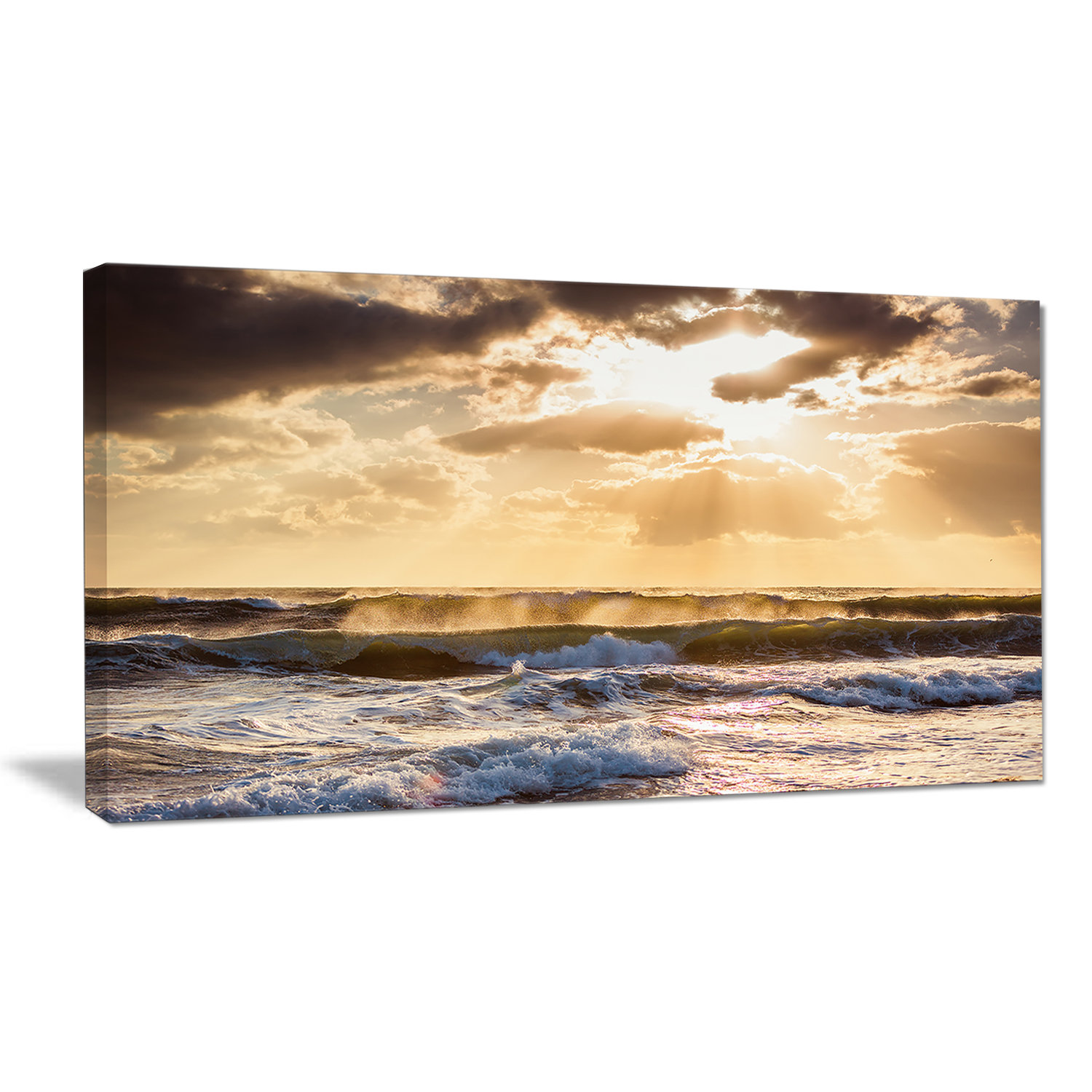 Design Art Sunrise and Roaring Blue Sea Waves - Wrapped Canvas ...