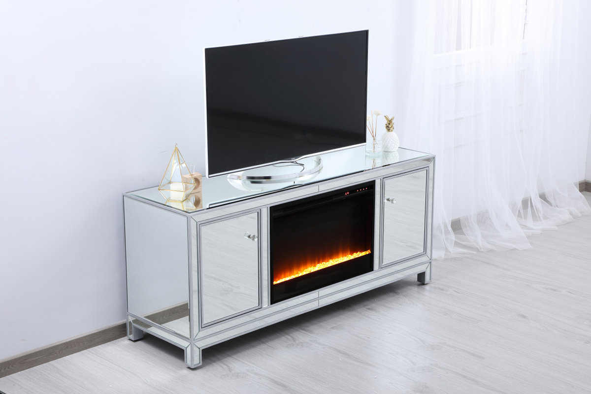 Mercer41 60 In. Mirrored TV Stand with Crystal Fireplace Insert in ...