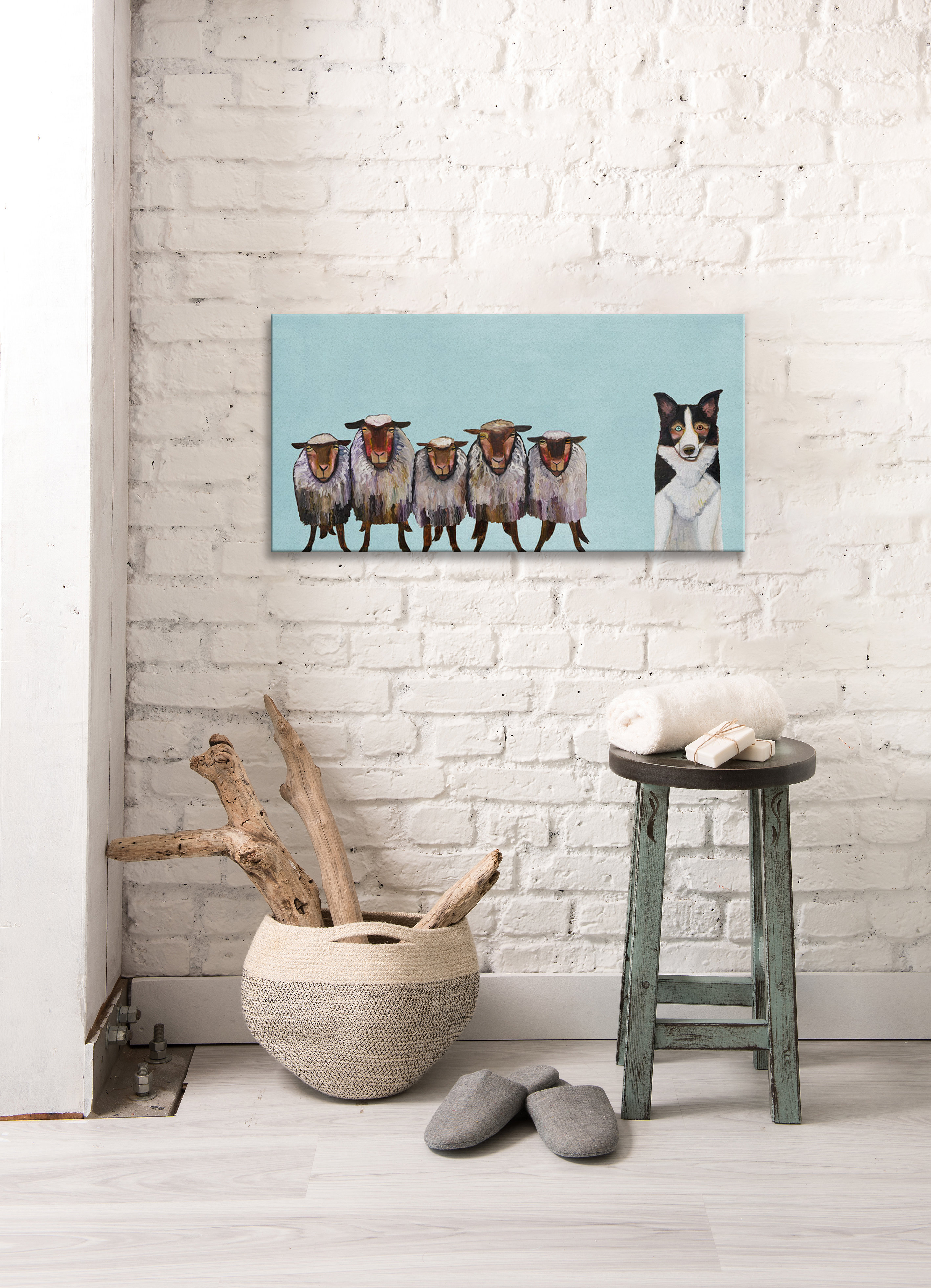 Ebern Designs 'Border Collie And Crew - Sky Blue' Picture Frame Print ...