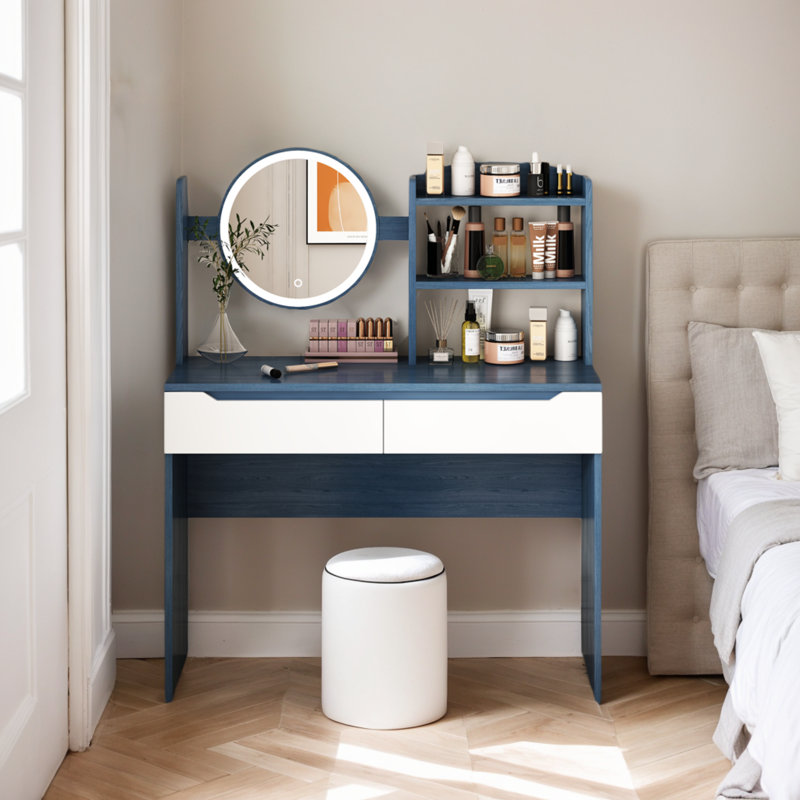 Ebern Designs Blue Vanity Table With Mirror, Drawers, And Shelving ...