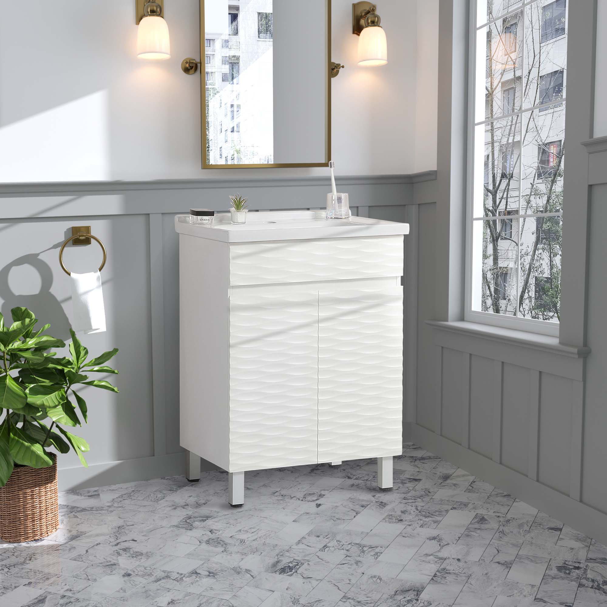 Winston Porter 24-inch wavy bathroom cabinet with ceramic sink | Wayfair