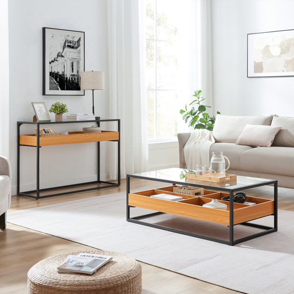 17 Stories Marialana 2 Tier Glass Top Coffee Table with Storage and ...