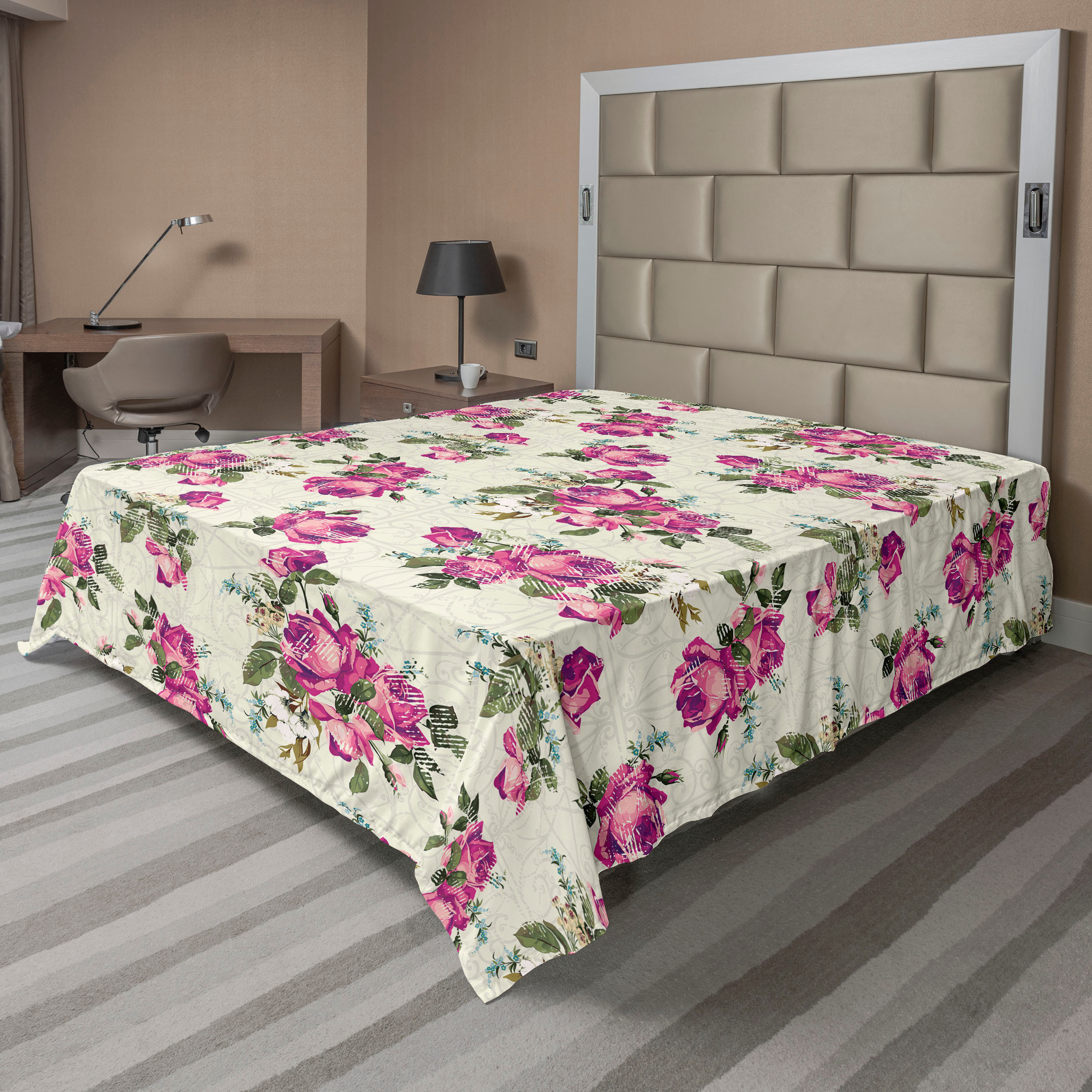 Ambesonne Floral Flat Sheet Valentine Rose Flowers Plot Pale Fuchsia ...