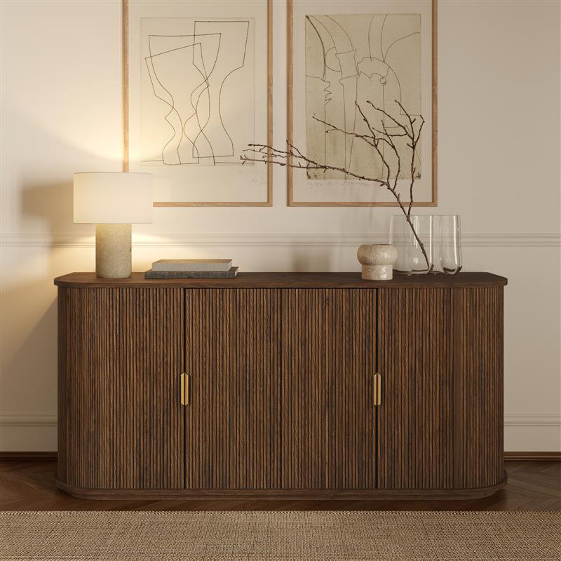 Millwood Pines Clora 71" Ribbed Walnut Sideboard With Brass Handles ...