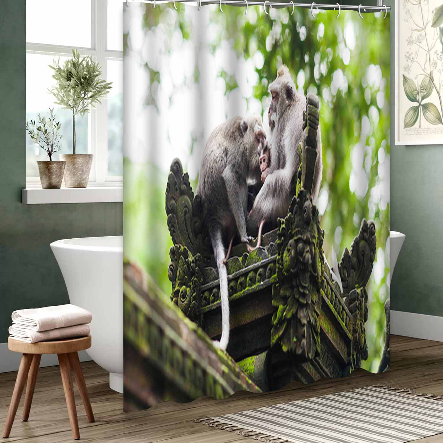 East Urban Home Jungle Rascals Shower Curtain with 12 Hooks - Playful ...