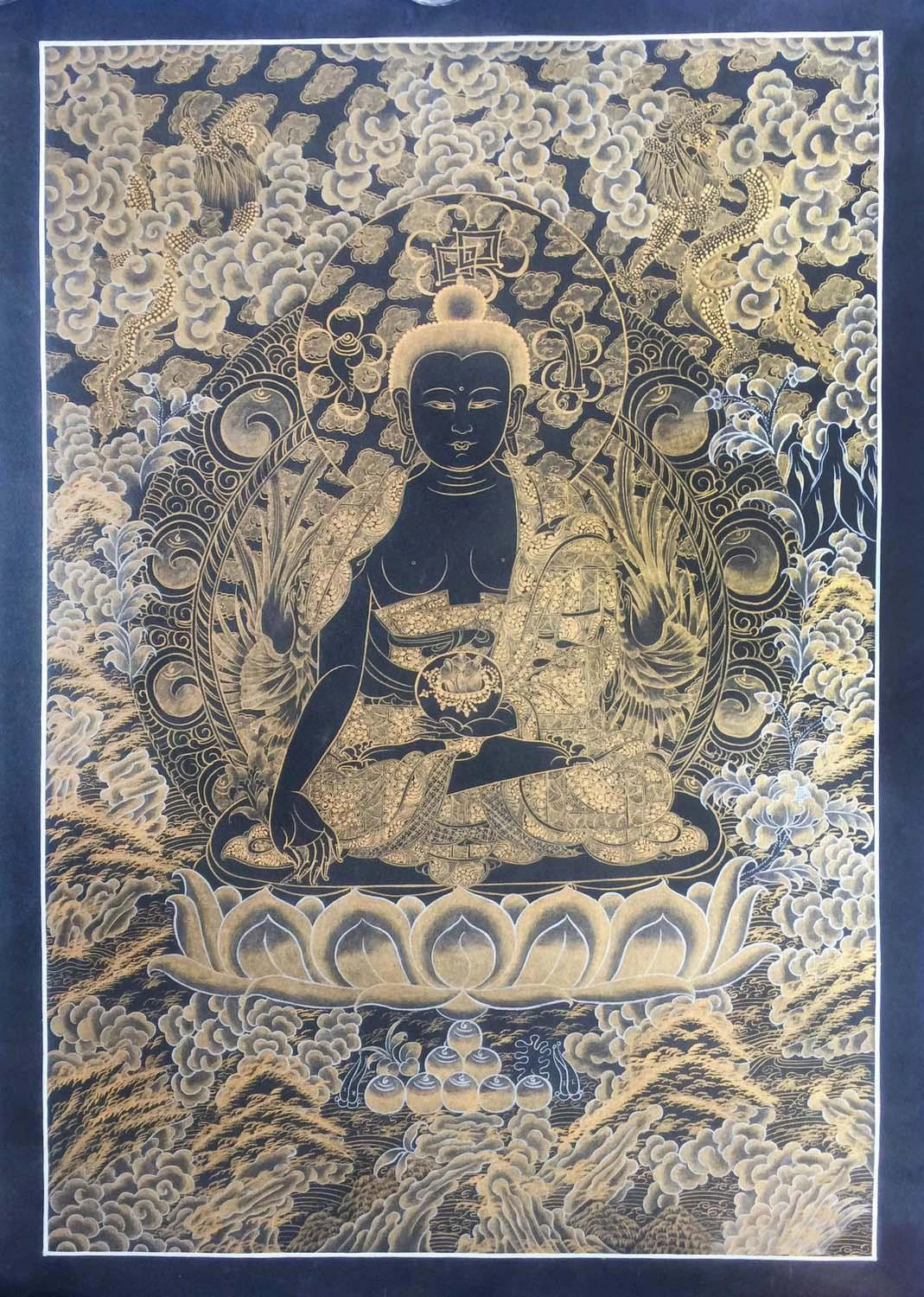 Exotic India Medicine Buddha Kalo Sunaulo (Golden Black) Thangka ...