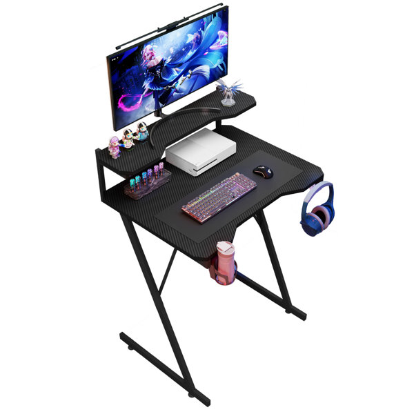 Inbox Zero Gaming Desk With Monitor Stand Carbon Fibre Top Black With ...