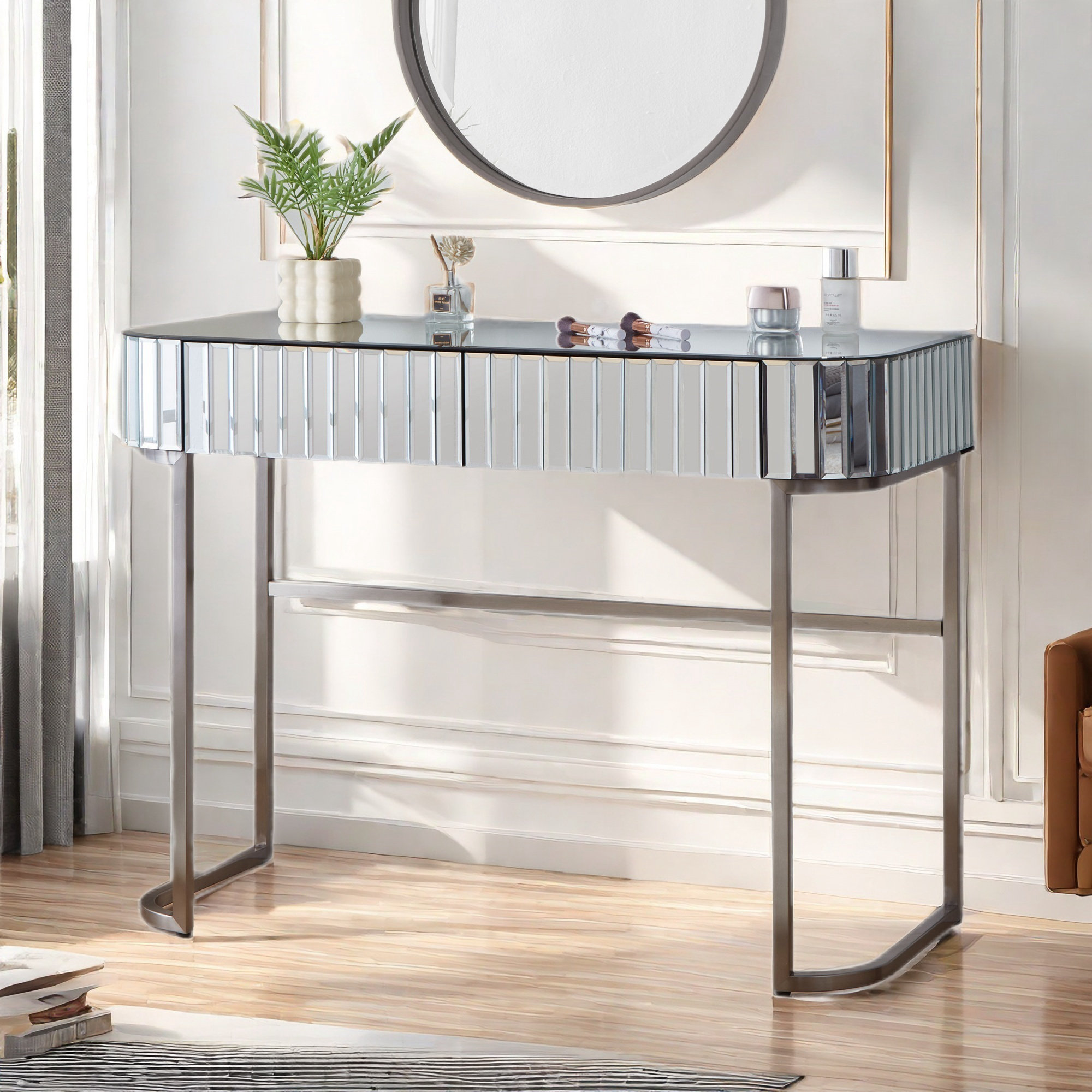 Mercer41 Makeup Vanity Table With Stainless Steel Base, 2 Drawers And ...