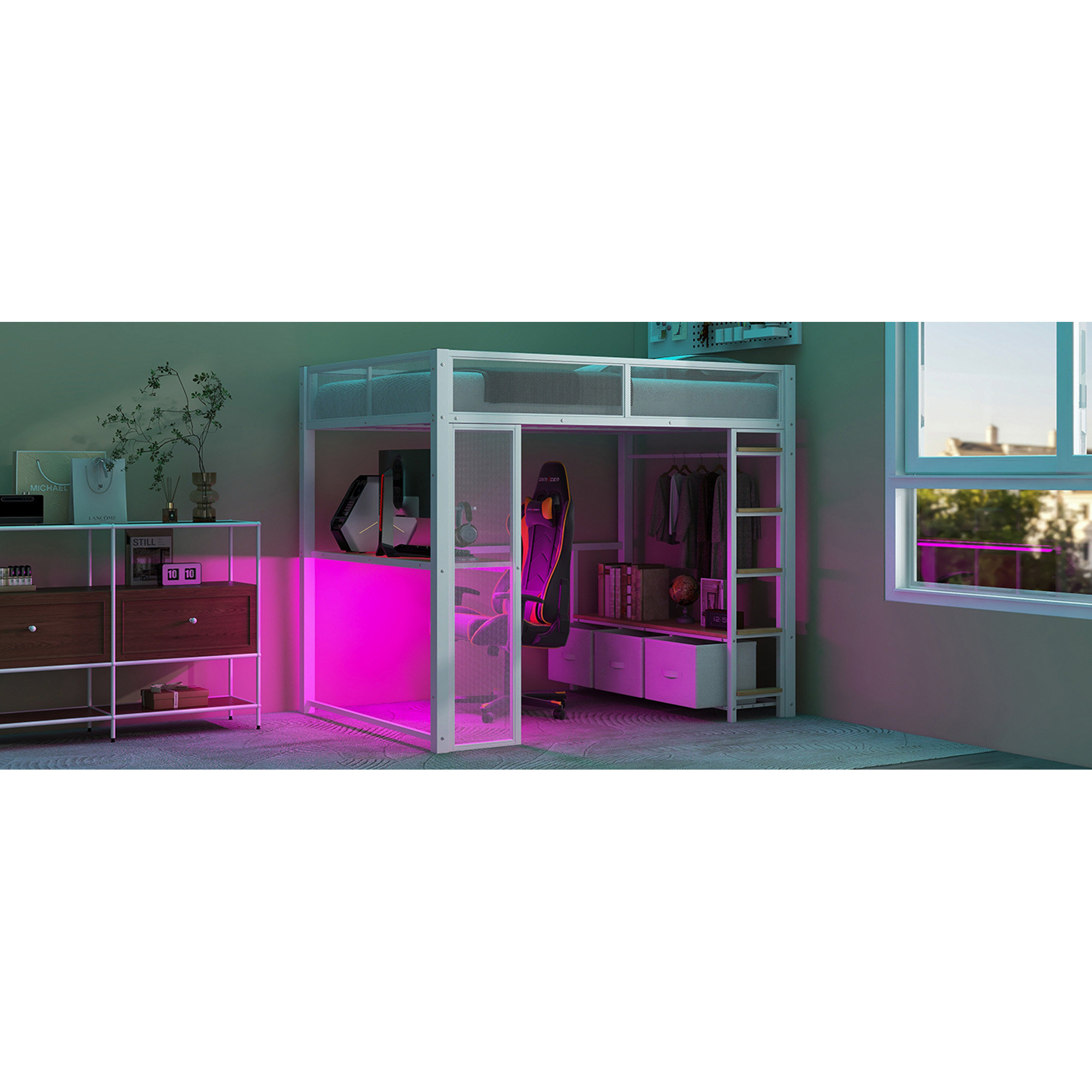 Latitude Run® Full Size Metal Gaming Loft Bed With LED, Desk, Open ...