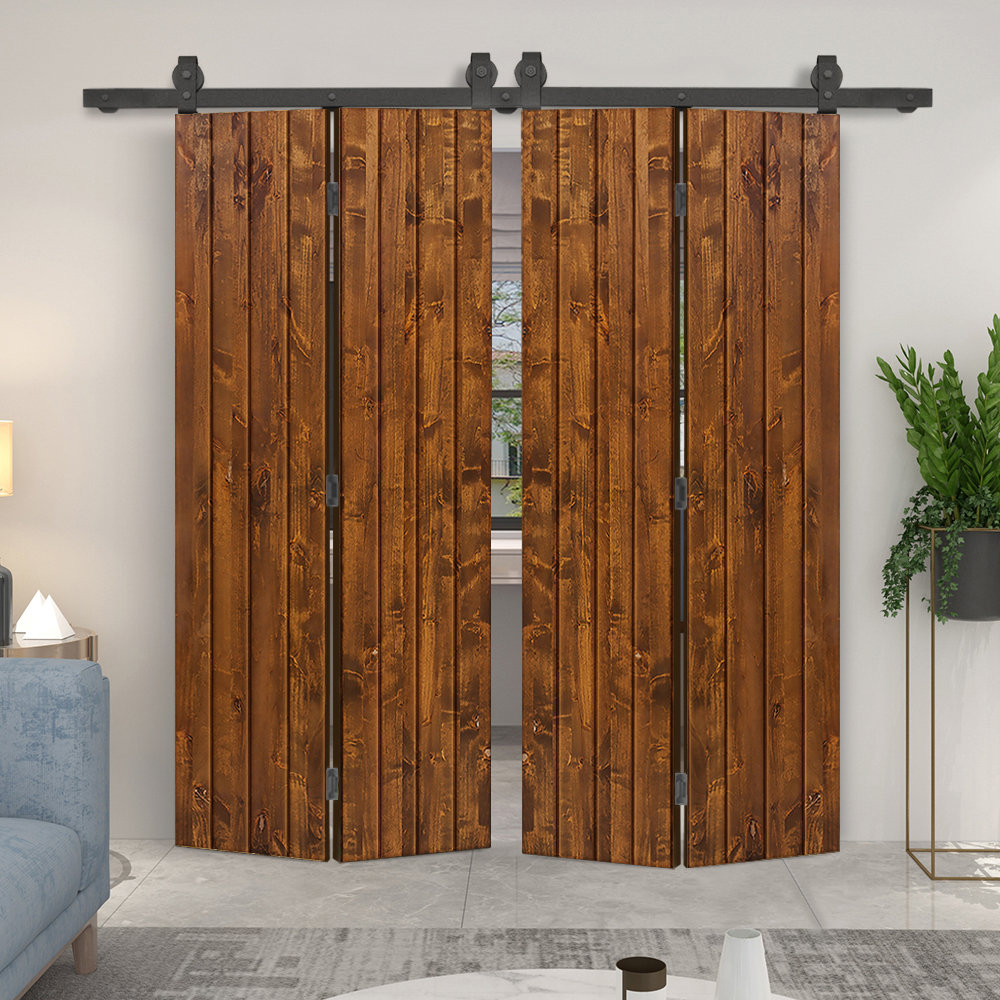 Calhome Stained Pine Wood Bi-Fold Double Barn Door with Sliding ...