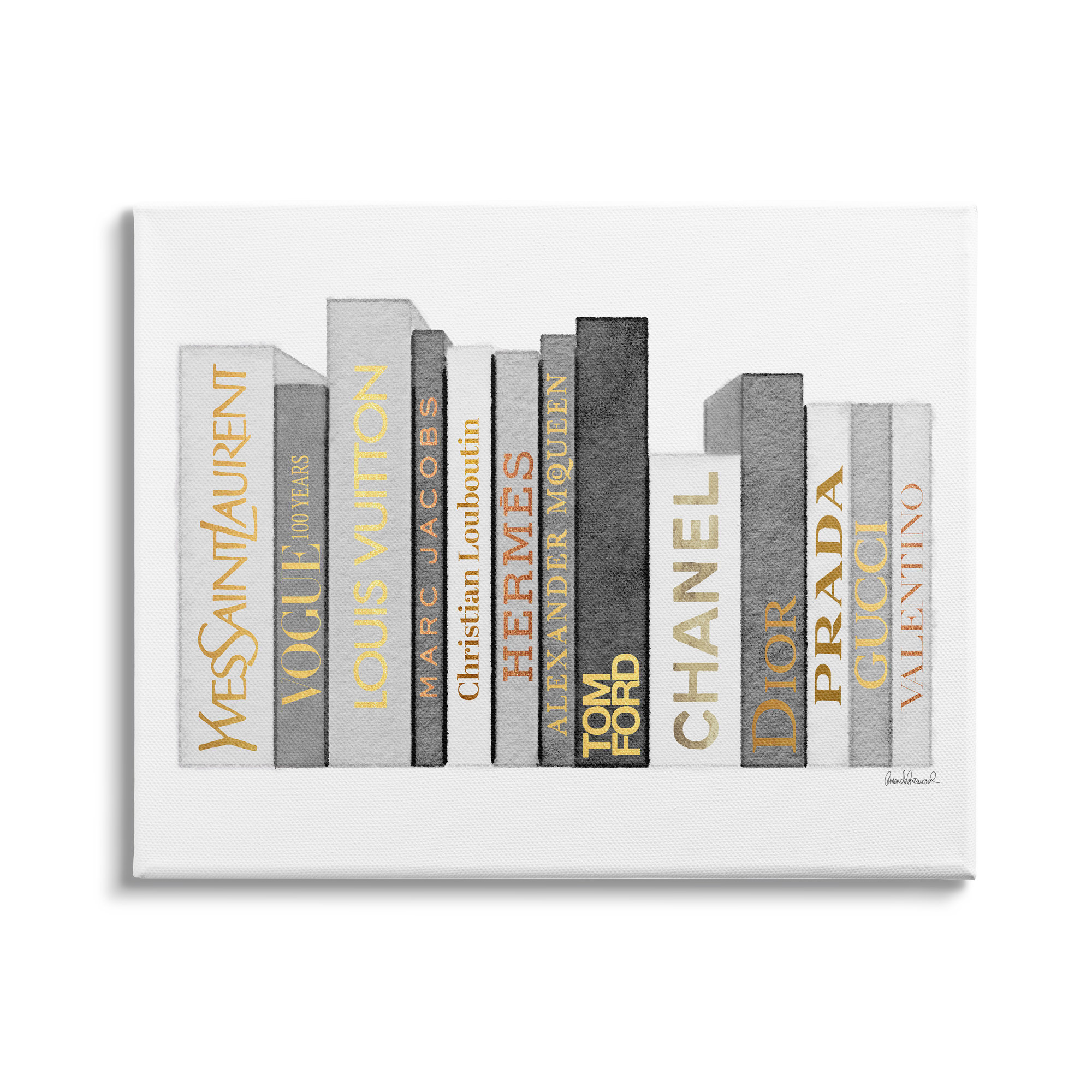 Stupell Industries Horizontal Fashion Book Stack Glam Grey Gold White ...