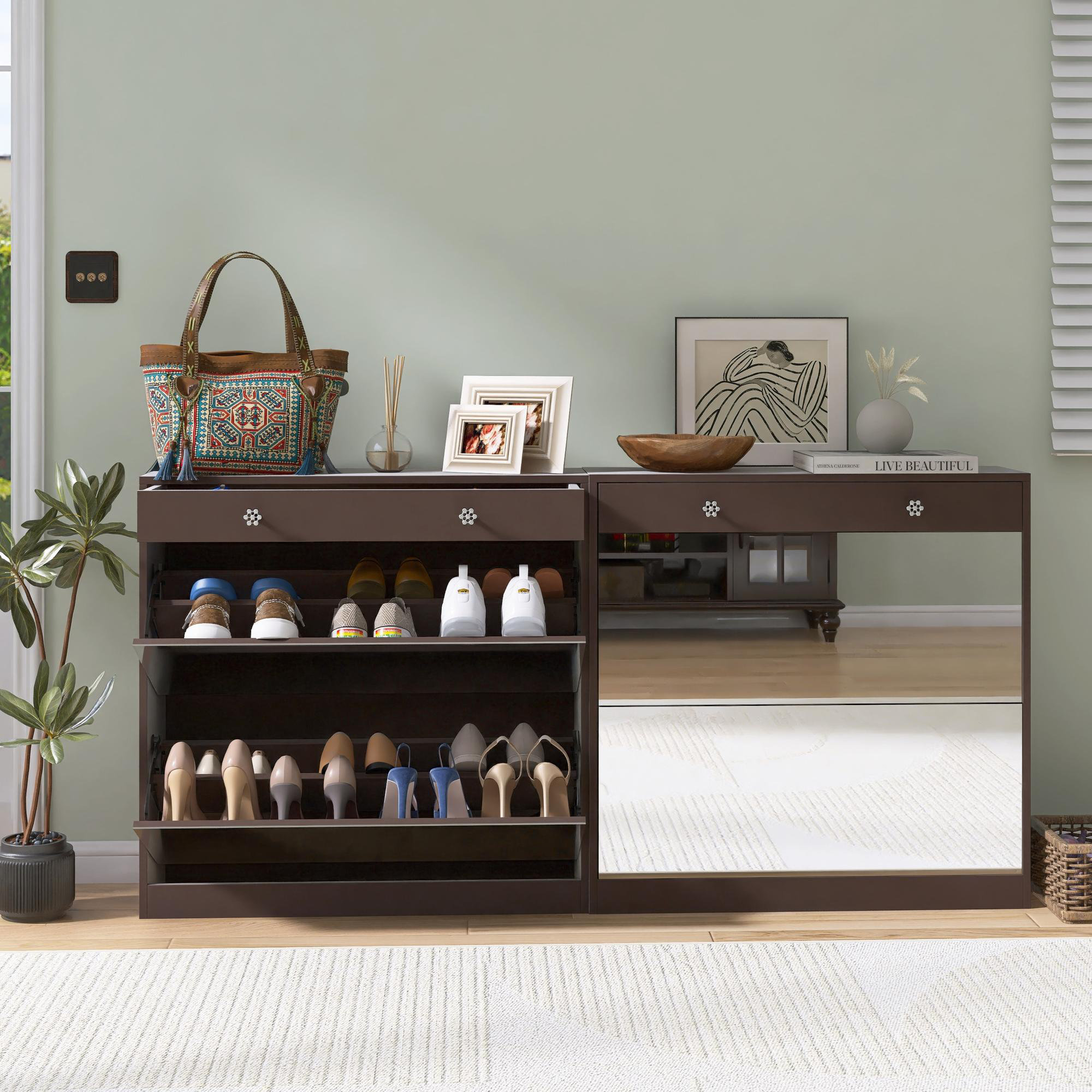 Corrigan Studio® Mirror Shoe Cabinet with 2 Tier Drawers, Mirror Shoe ...
