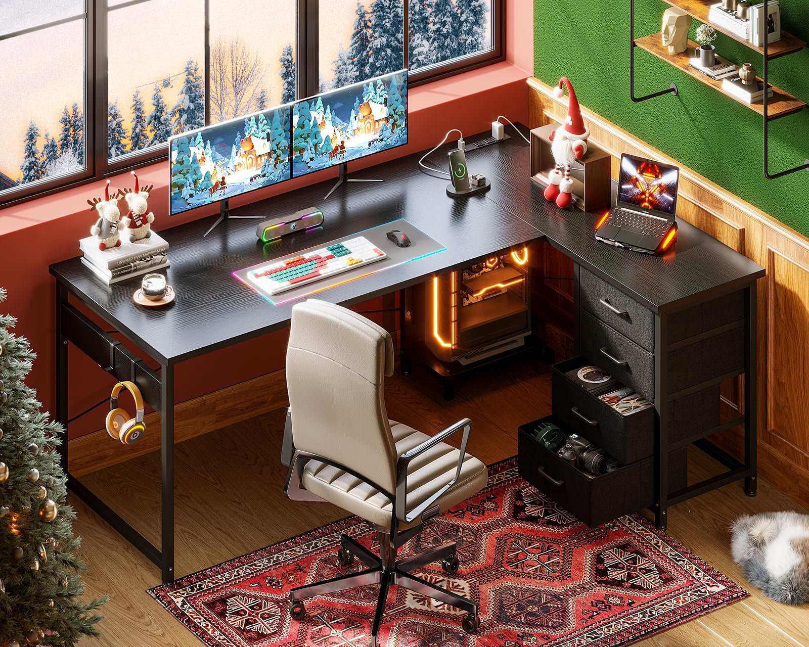 Inbox Zero L Shaped Gaming Desk With 4 Drawers,Reversible Home Office Desks With Power Outlets ...