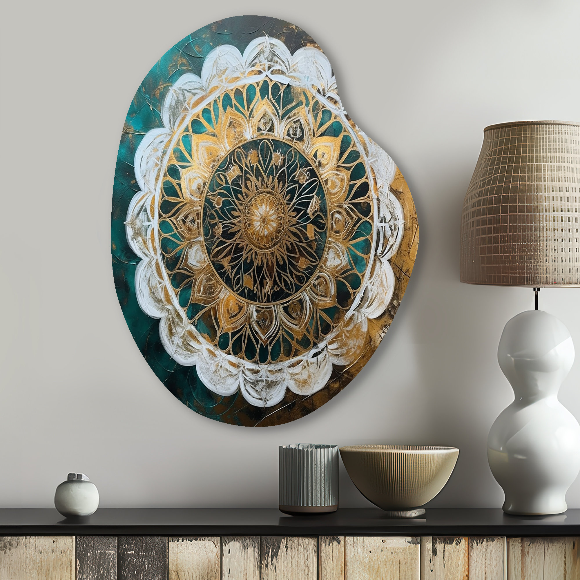 Design Art Teal And Gold Mandala I - Boho Mandala Unique Shape Metal ...