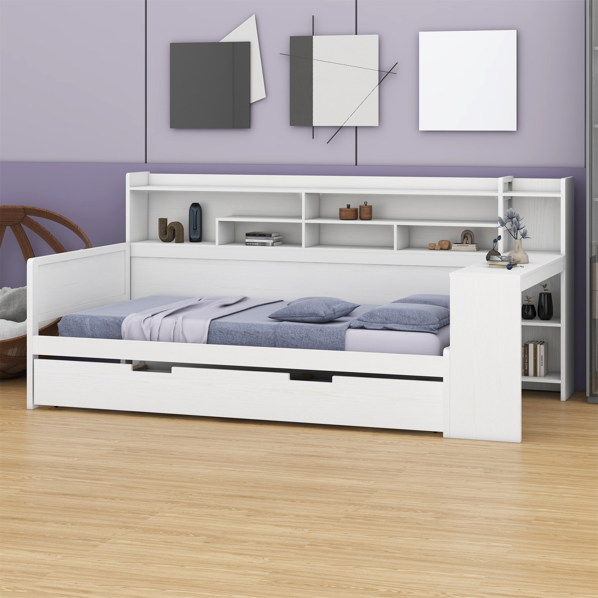 Lark Manor Wooden Daybed With Storage Shelves,Trundle Bed And Study ...