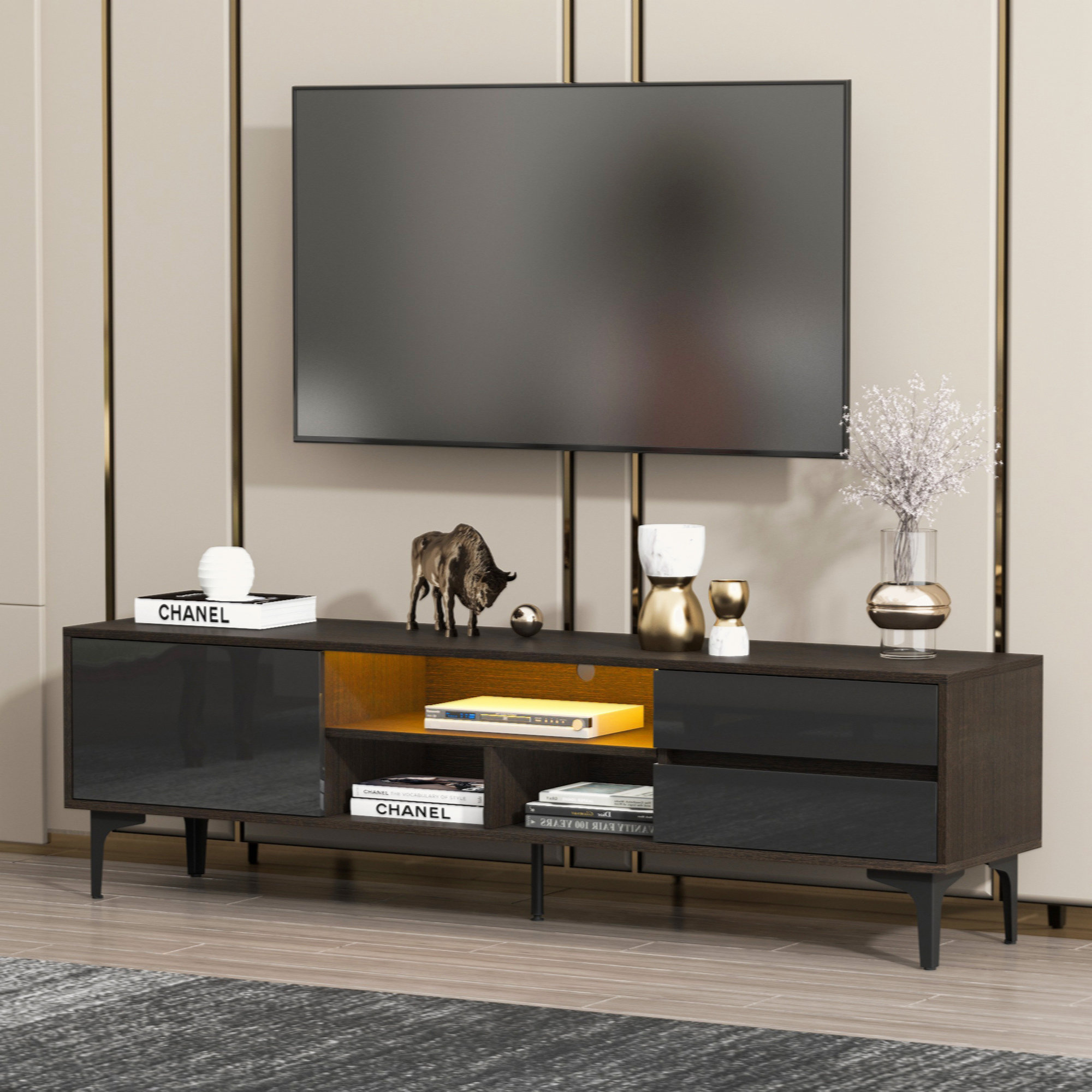 Mercer41 Ilany TV Stand Cabinet with LED remote control lights, Media ...