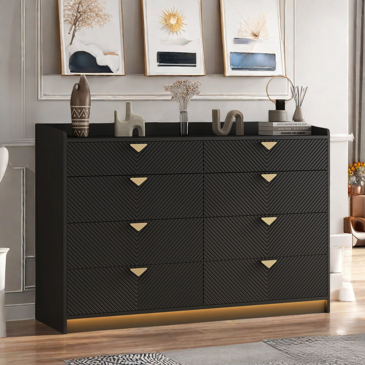 Mercer41 Modern Dresser With 8 Drawers, Led Light, Wavy Fluted Panels ...