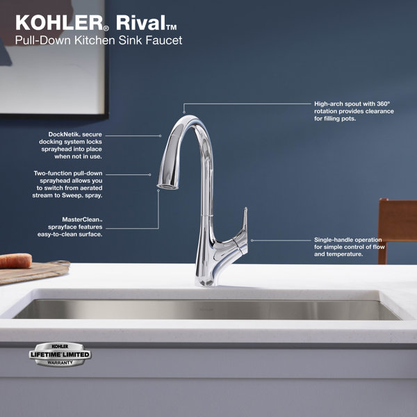 Kohler Rival Pull Down Single Handle Kitchen Faucet with Two-Function ...
