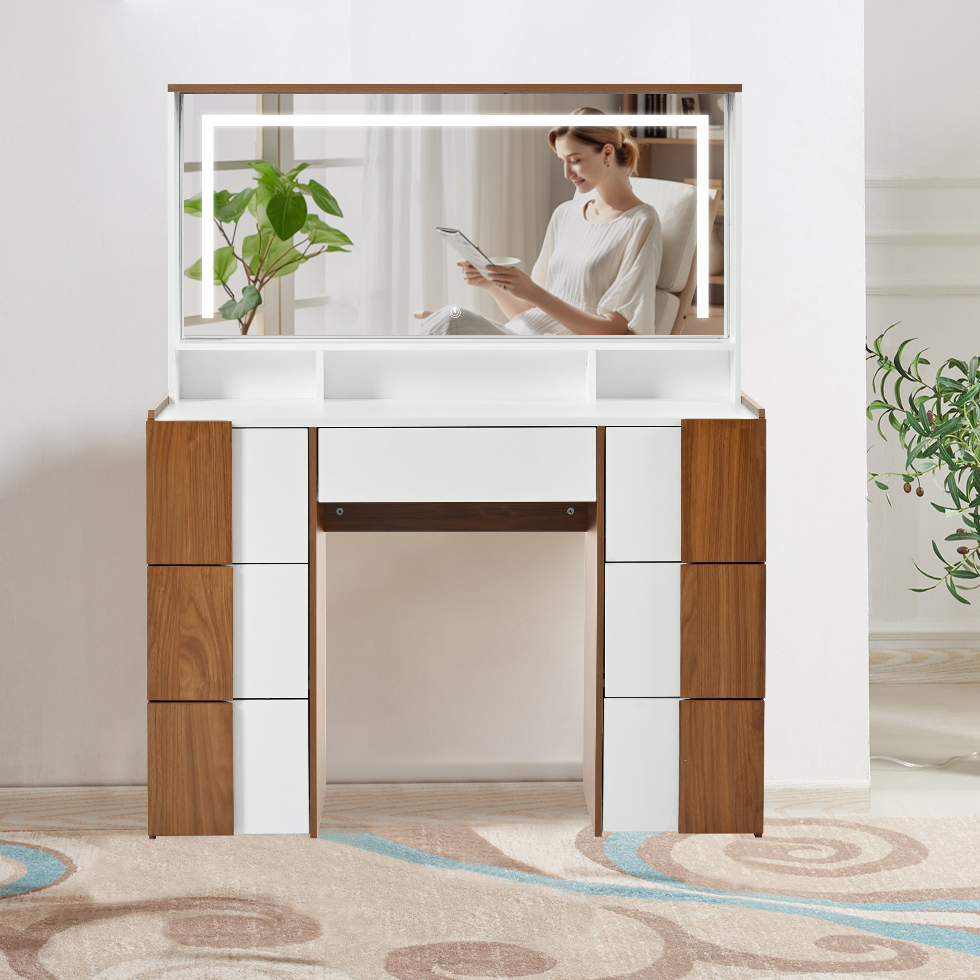 Ivy Bronx Modern Vanity Table with Large Lighted Mirror , Dressing Desk ...